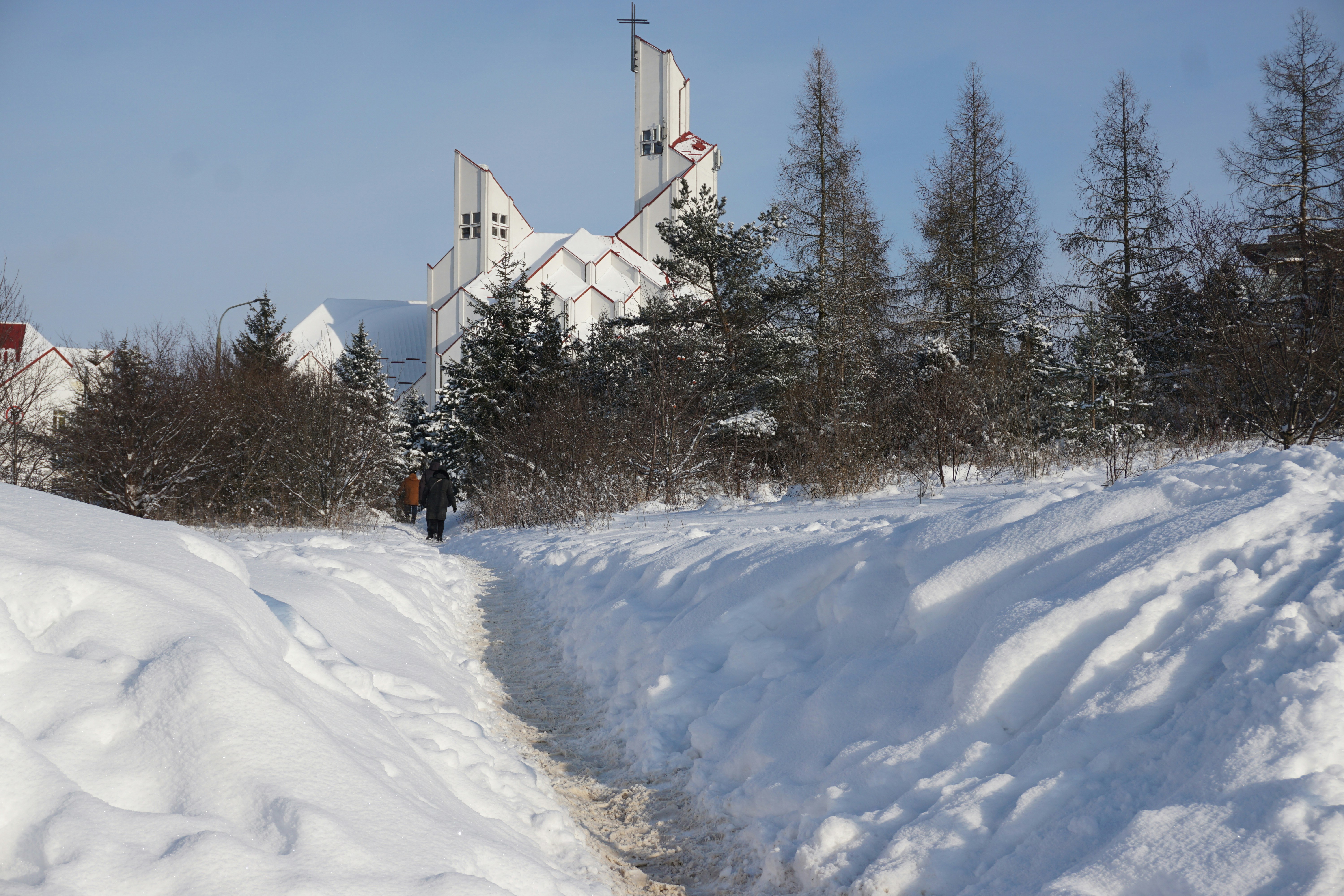Snowbound Path Toward a Modern Chapel Under Winter Pines
