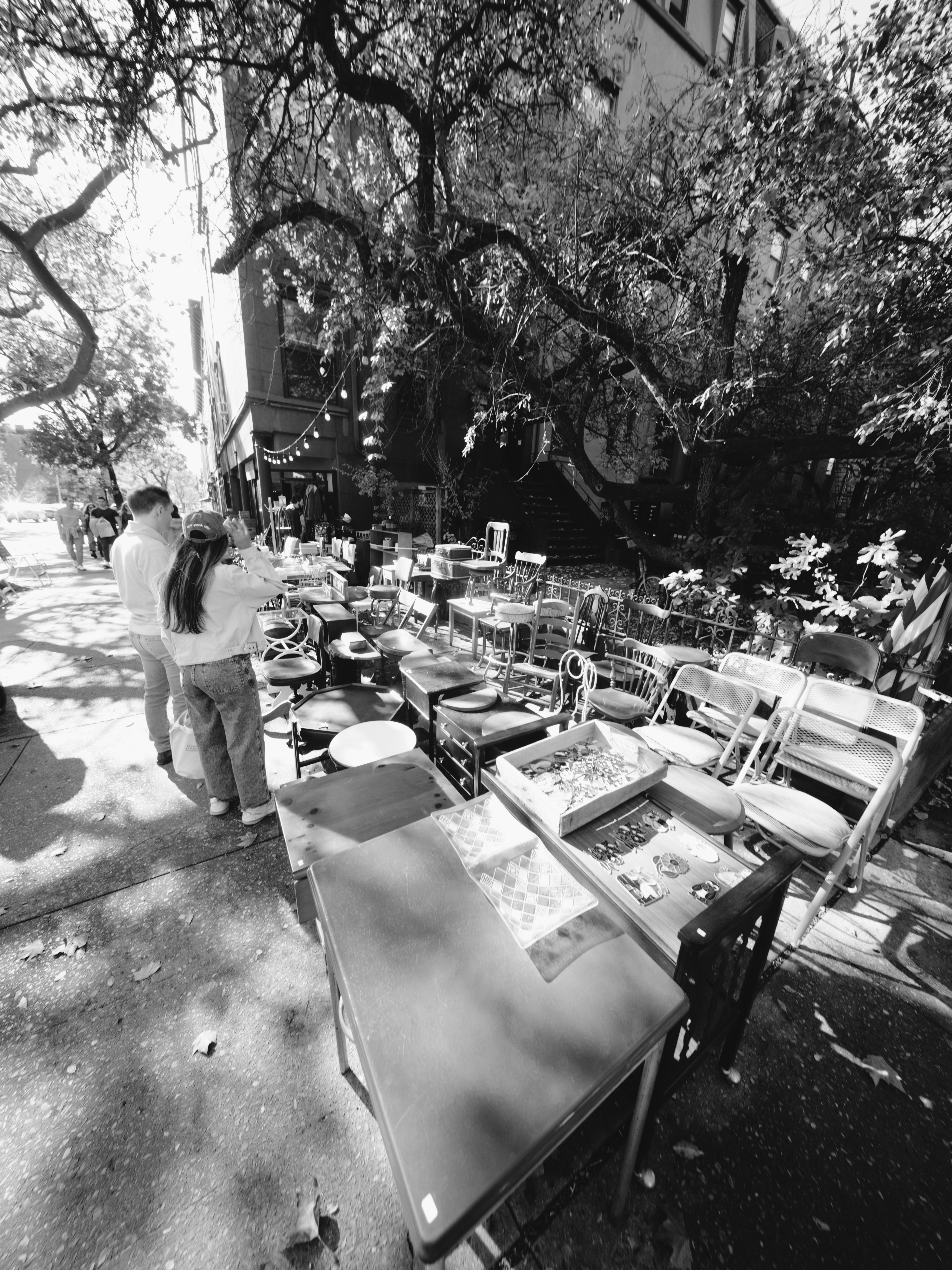 Street Café Farce: A Morning Market of Tables and Shadows