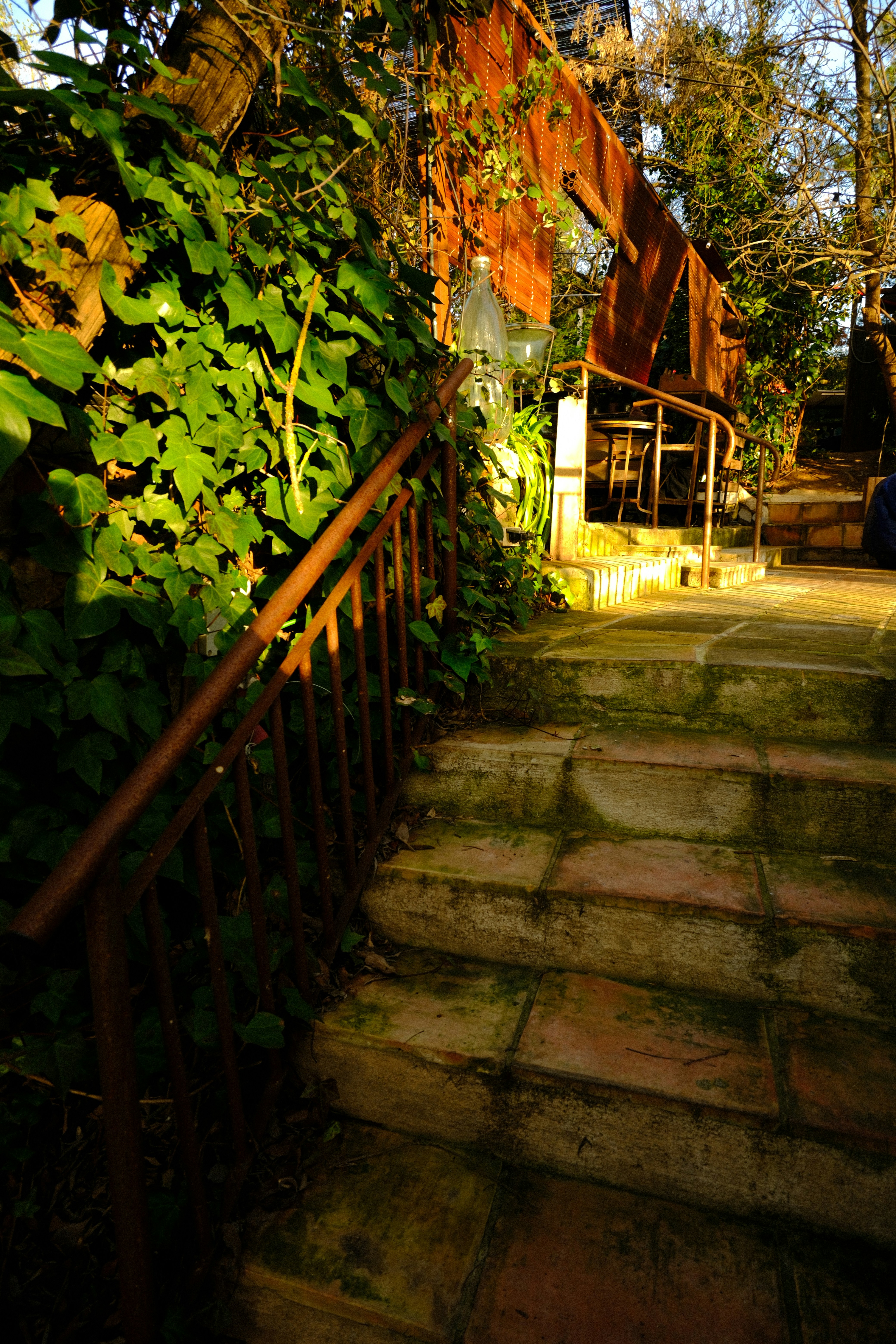 Stone steps with rusty railing leading upwards