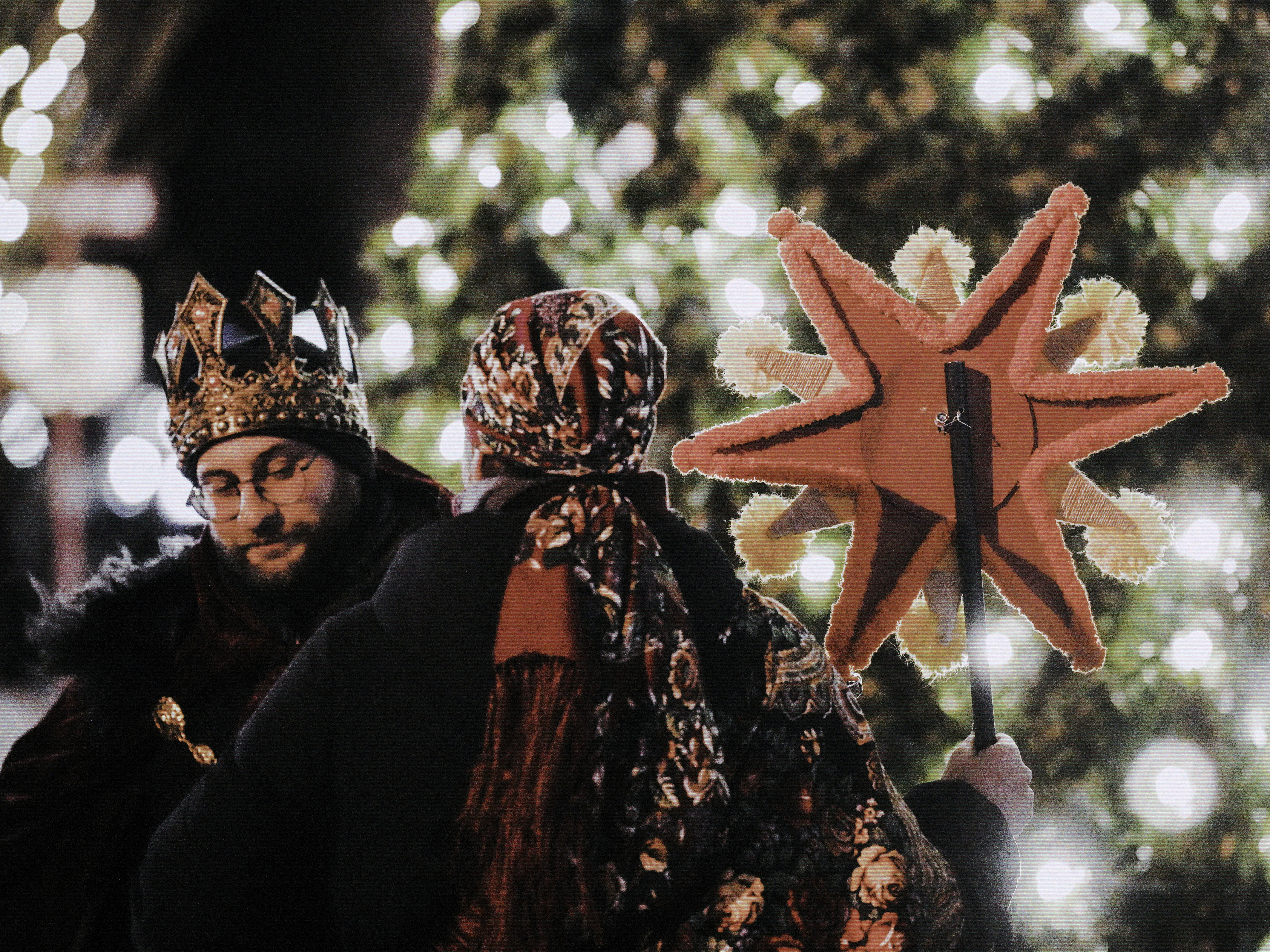 Crowned Conversation Under Festive Lights