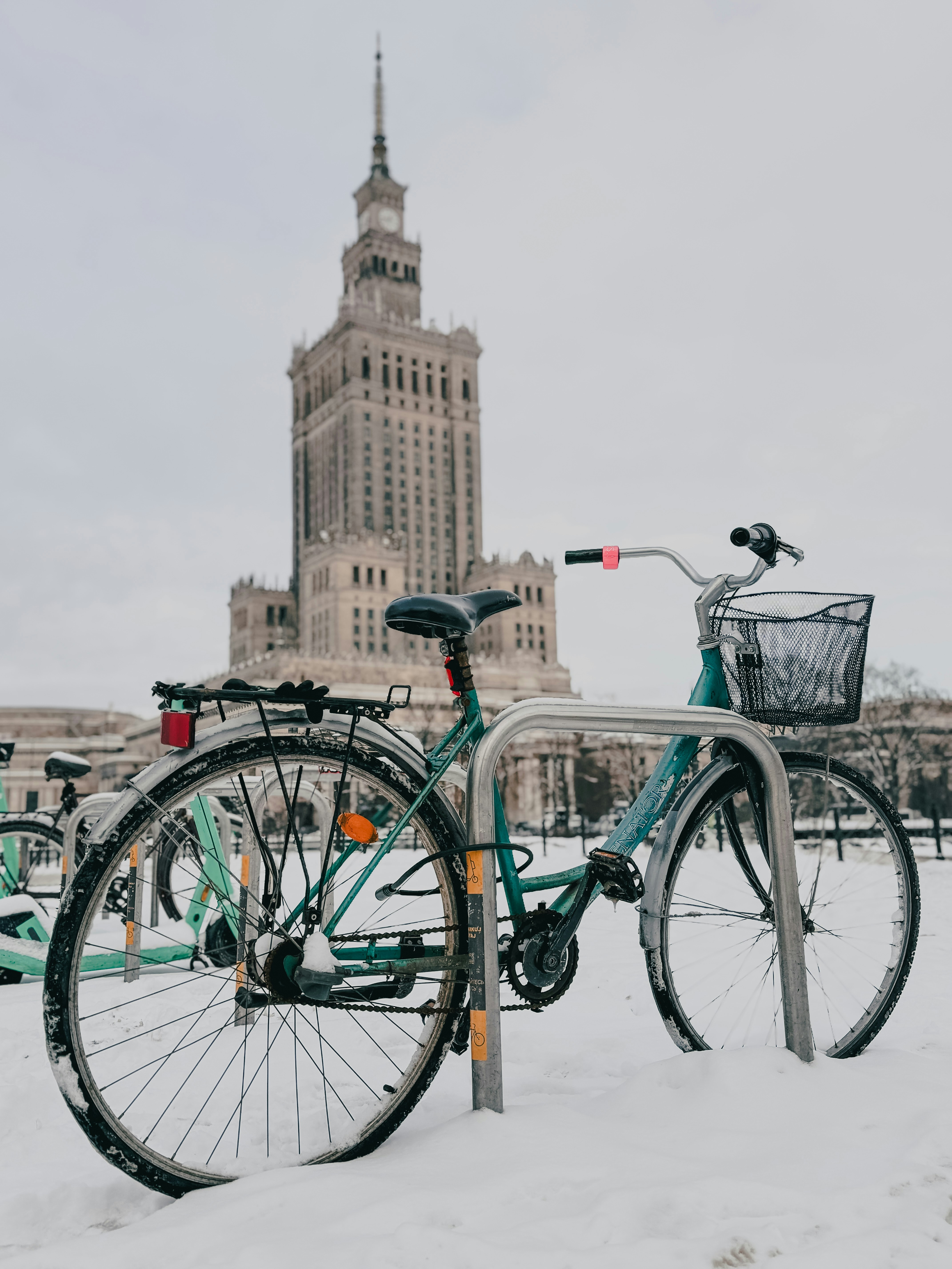 Bike Racks and the City Spire: Snowy Street Noir