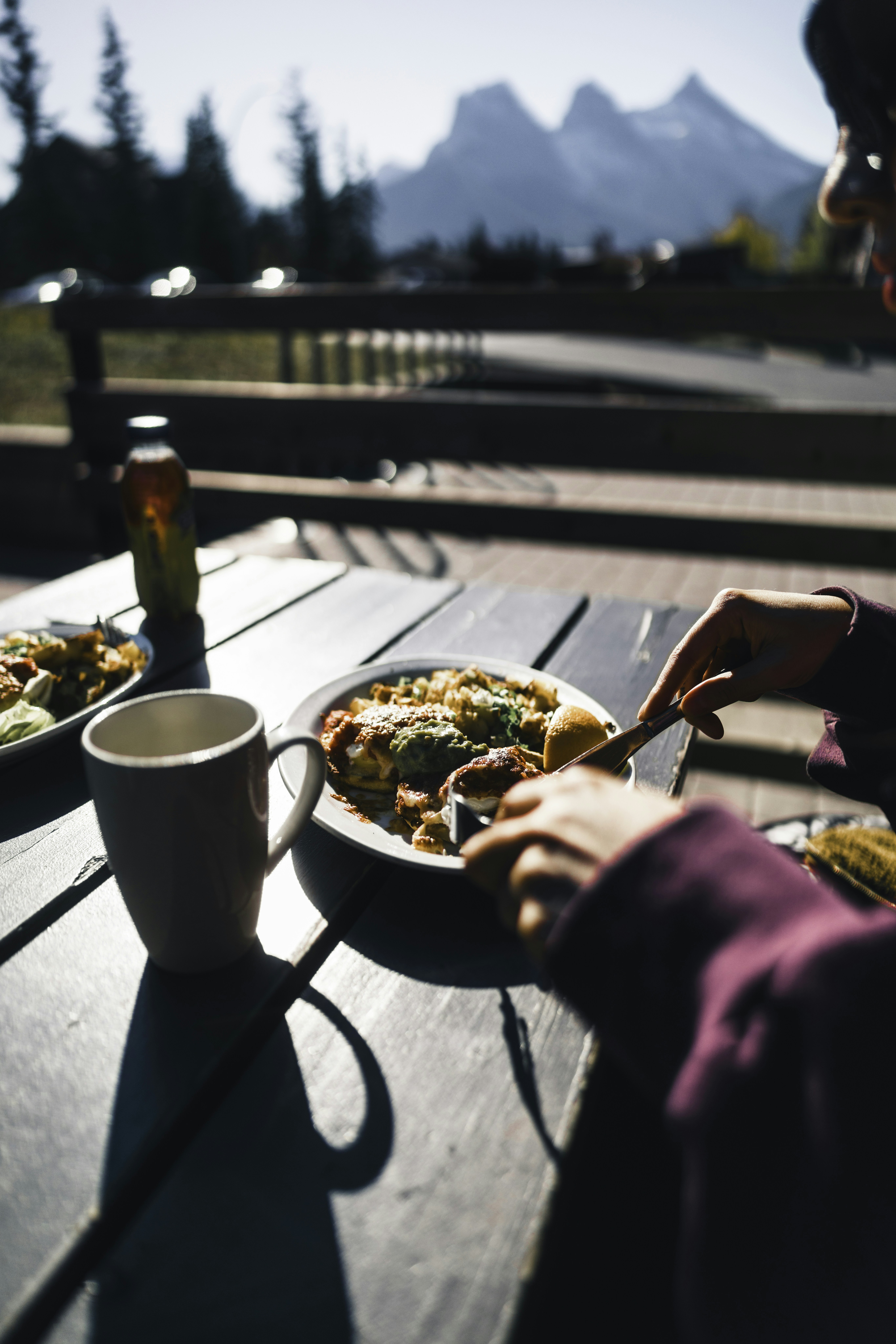 Breezy mountain picnic: hands at work over a sunlit table