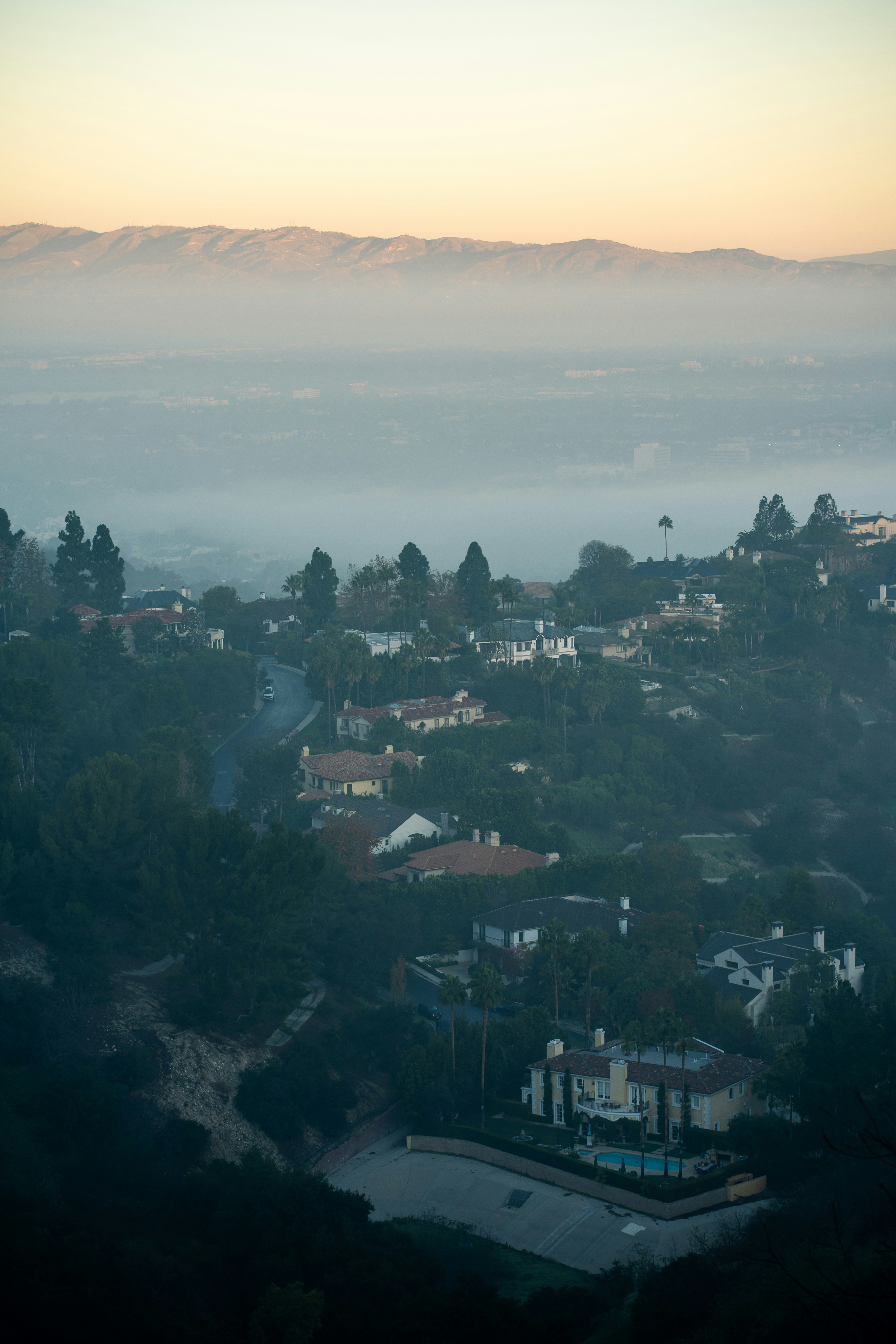 Mist Veil Over Suburban Crest at Dawn