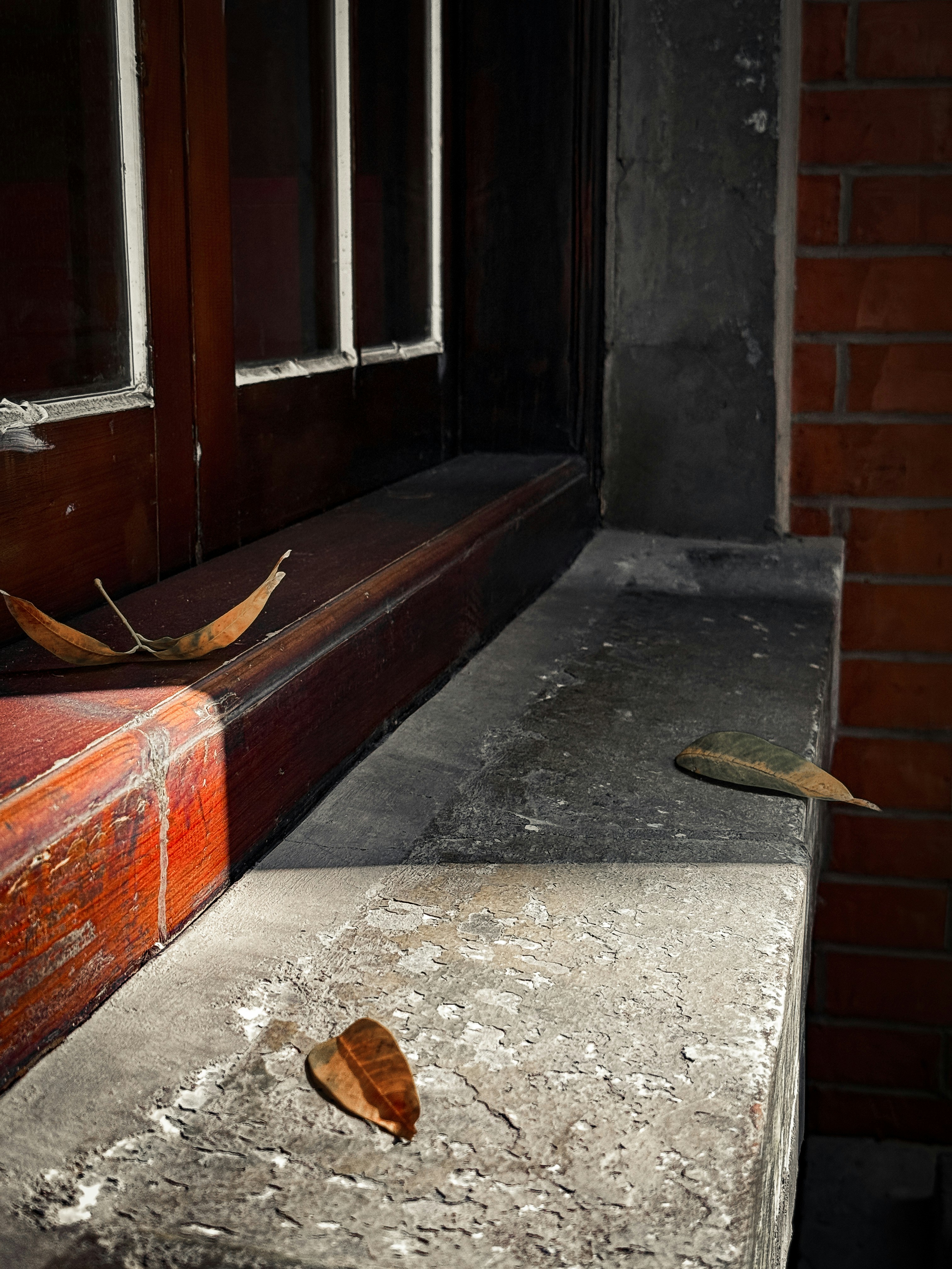 Weathered doorstep with autumn leaves and brick corner