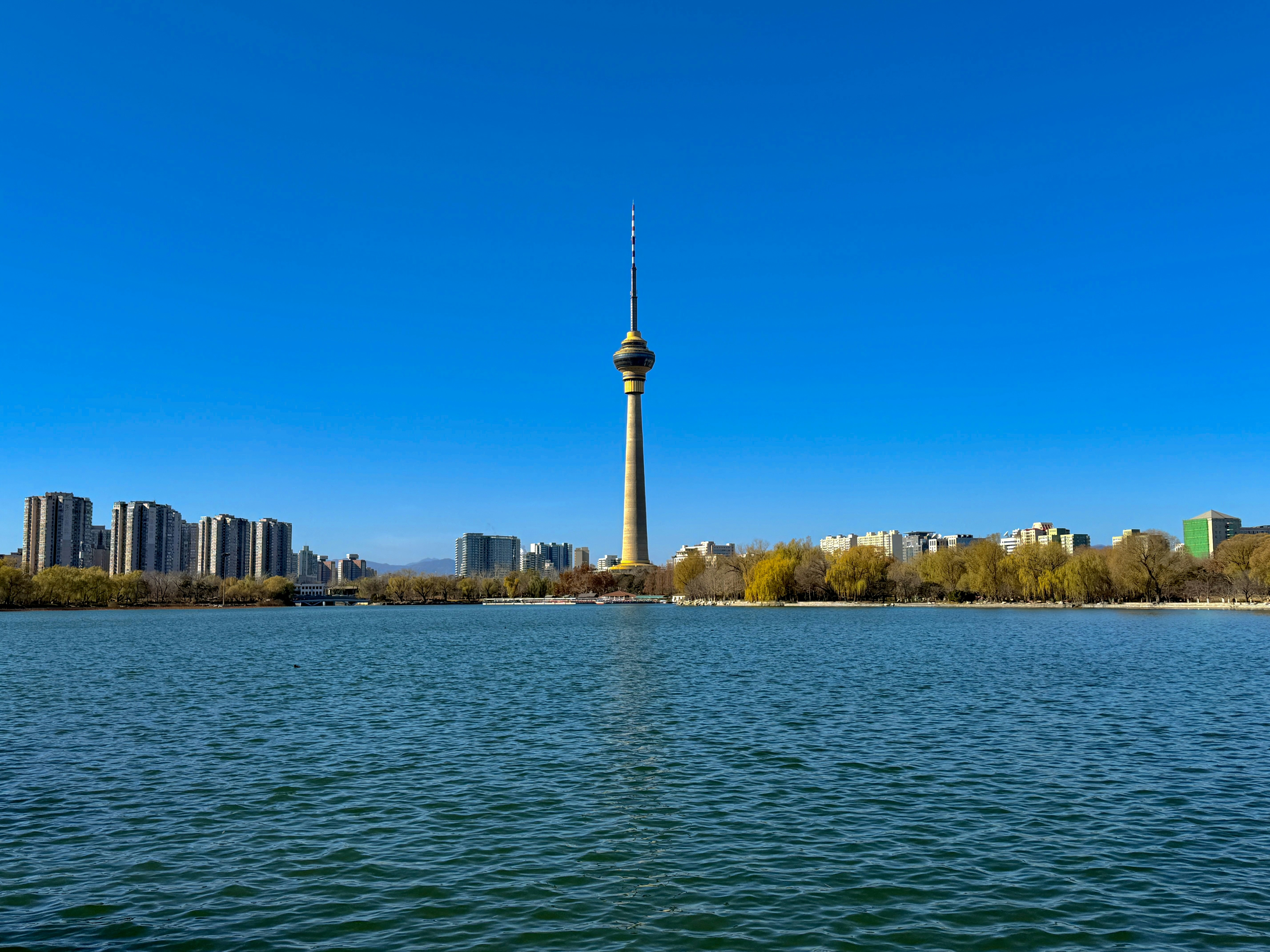 Coastal City Tower Rising Over Calm Waters