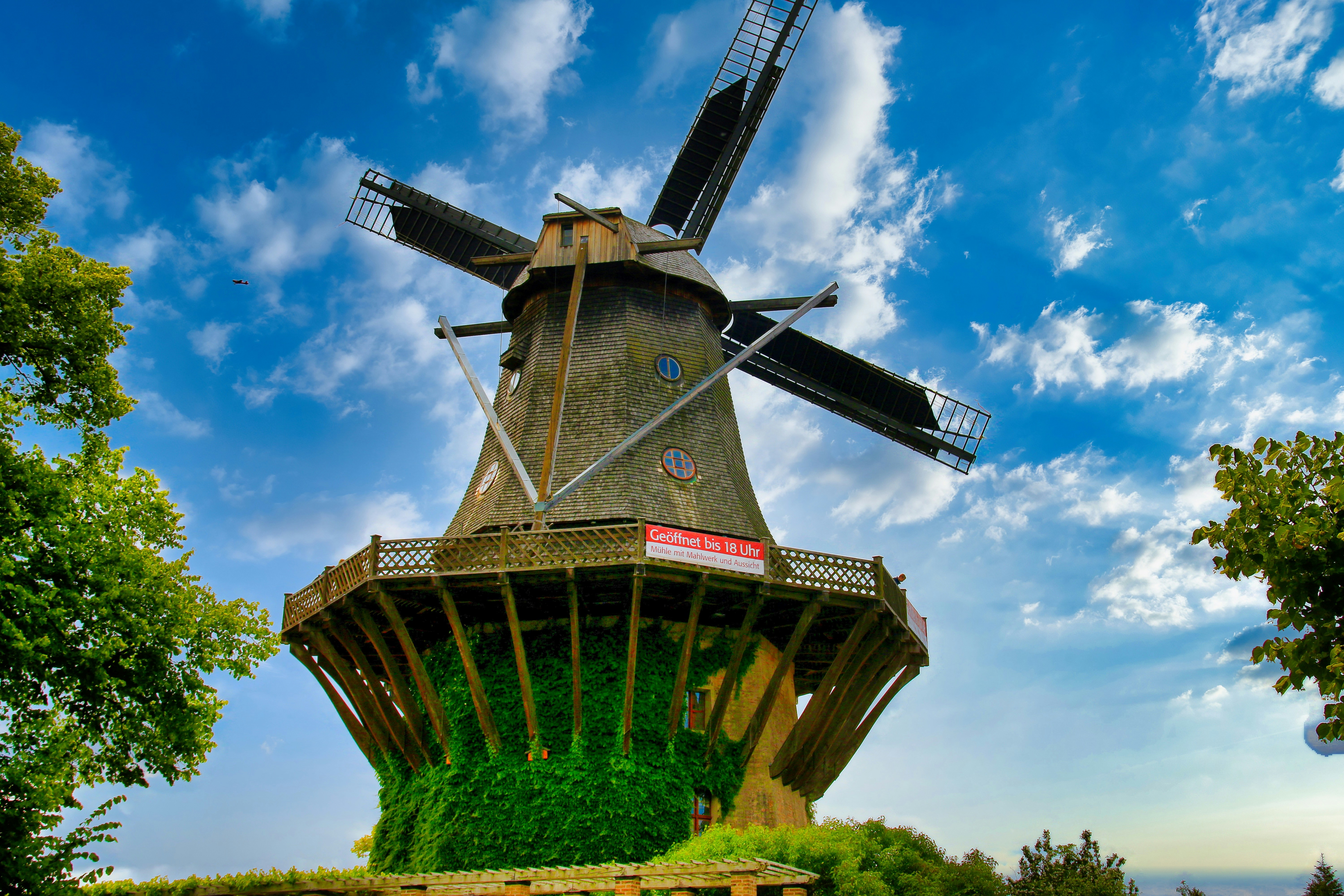 Windmill Amid Sky: A Closer Look at a Historic Turbine in Blooming Green