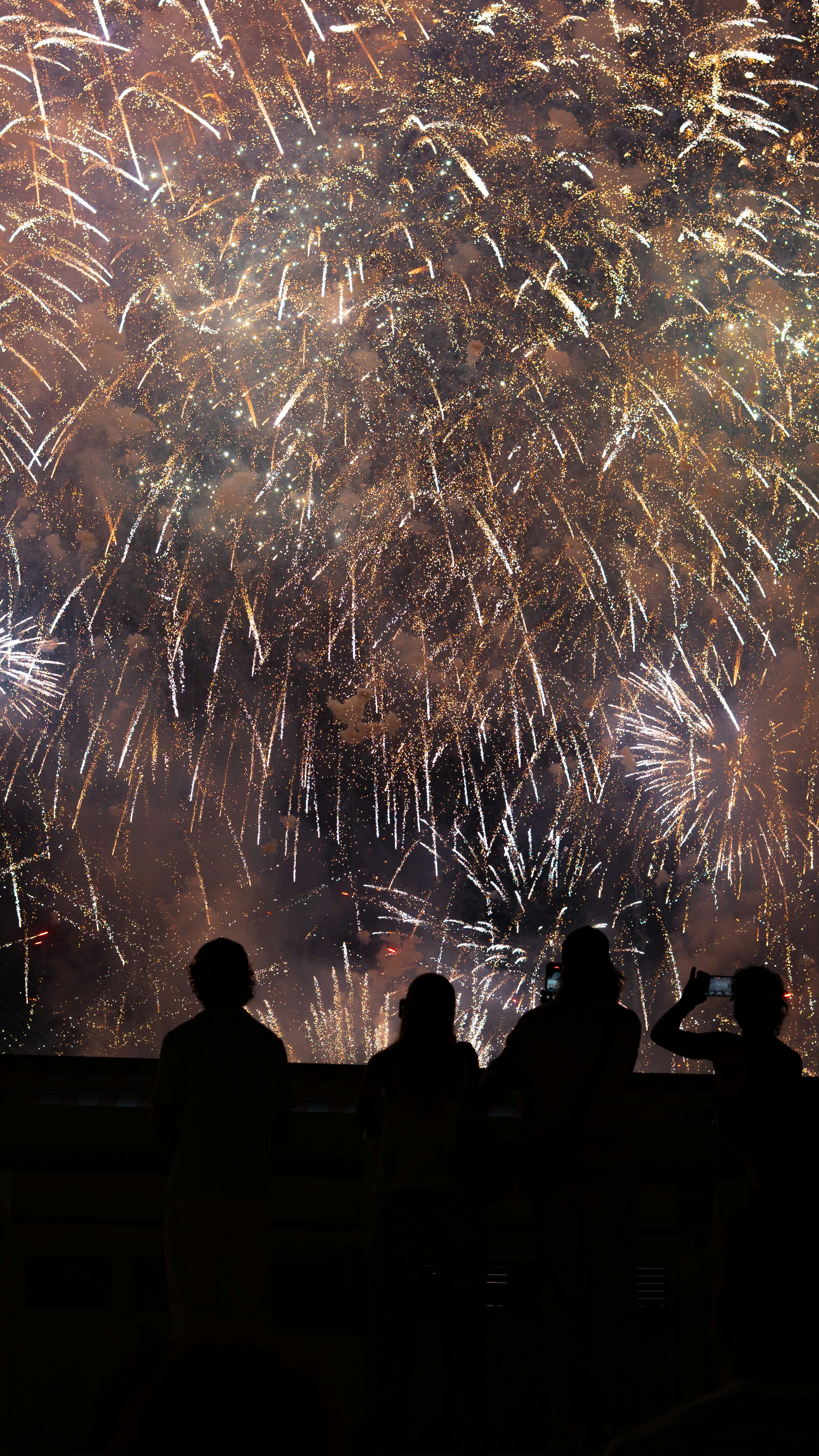 Midnight Skybursts Over Silent Spectators