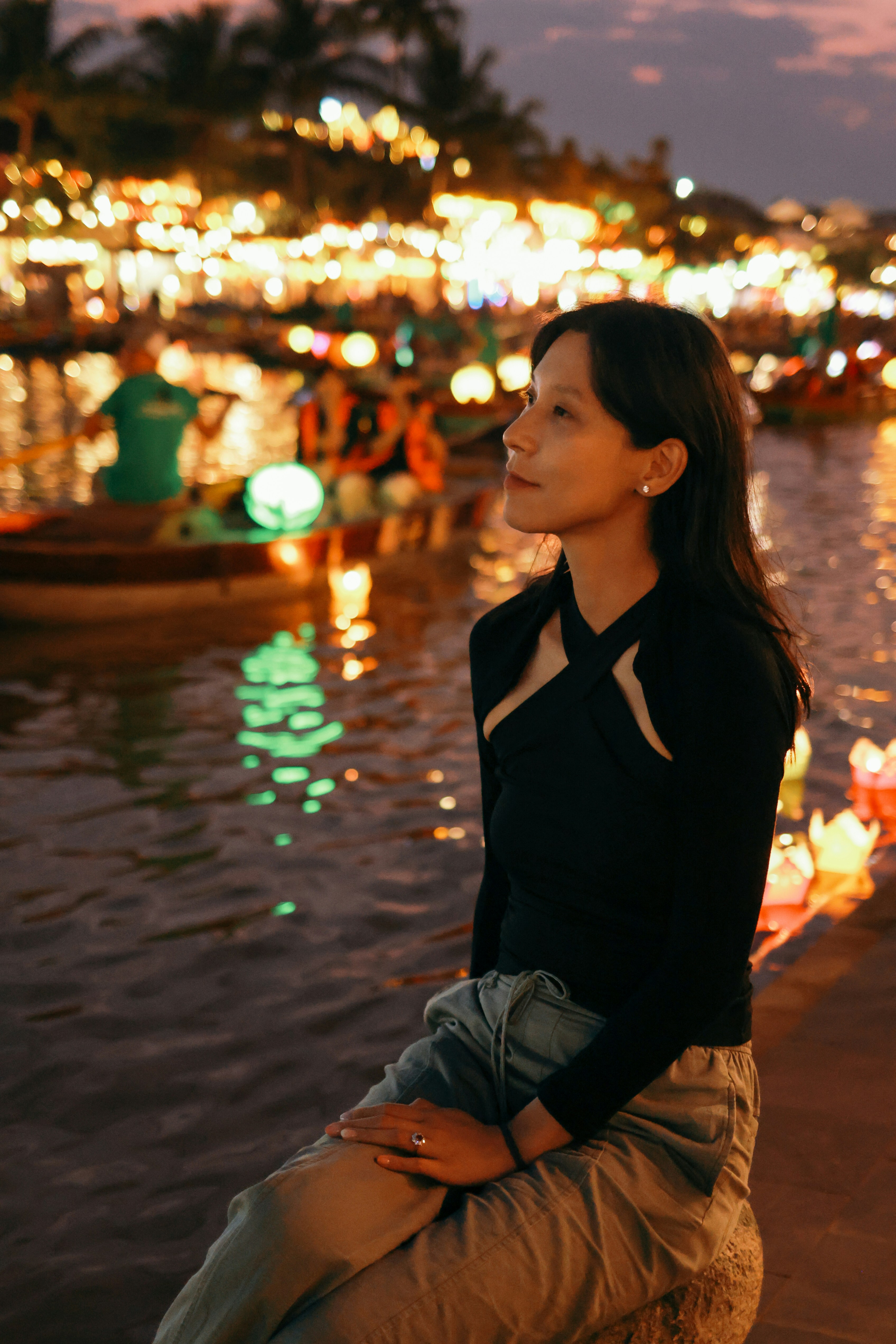 Nightfall by the Water: Quiet Contemplation among Lanterns