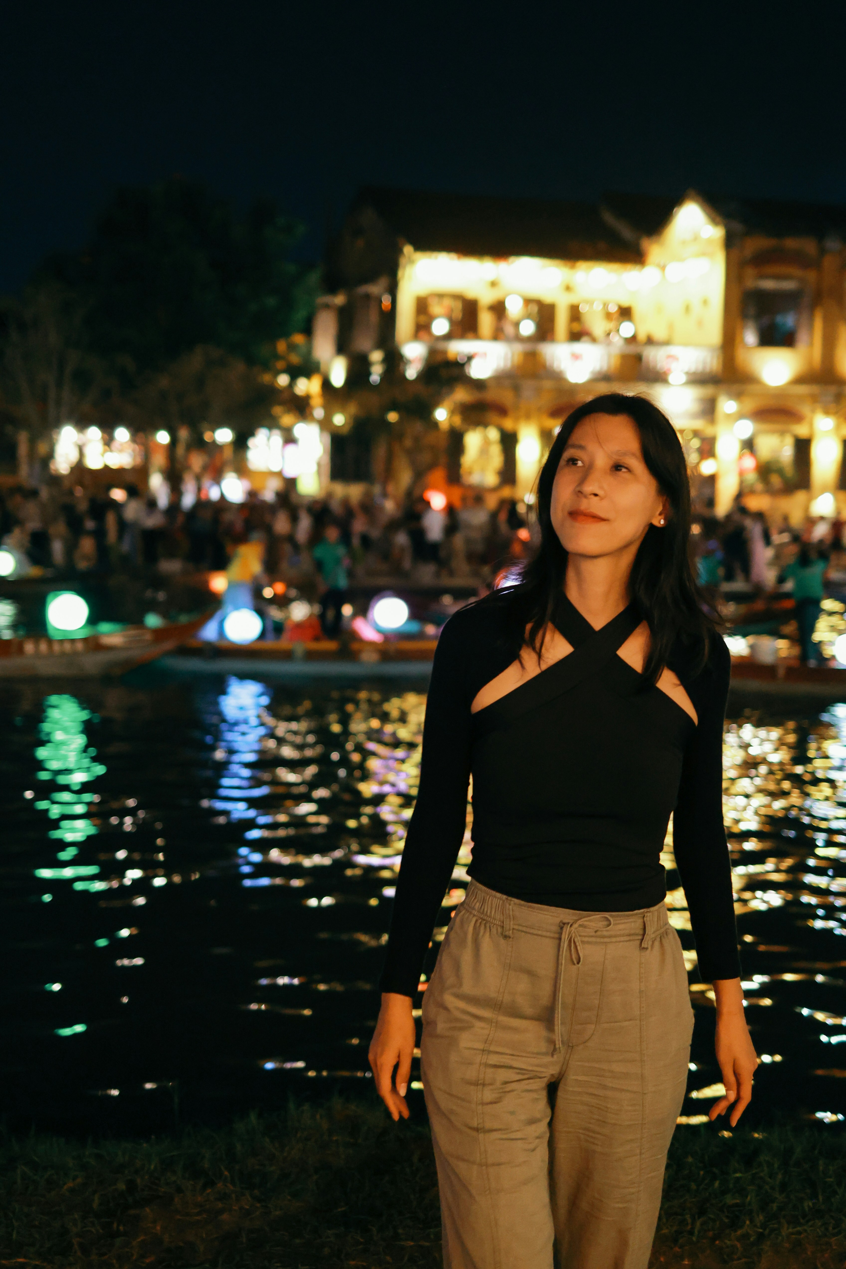 Night at the Lantern Pool: Portrait Under Neon Ripples