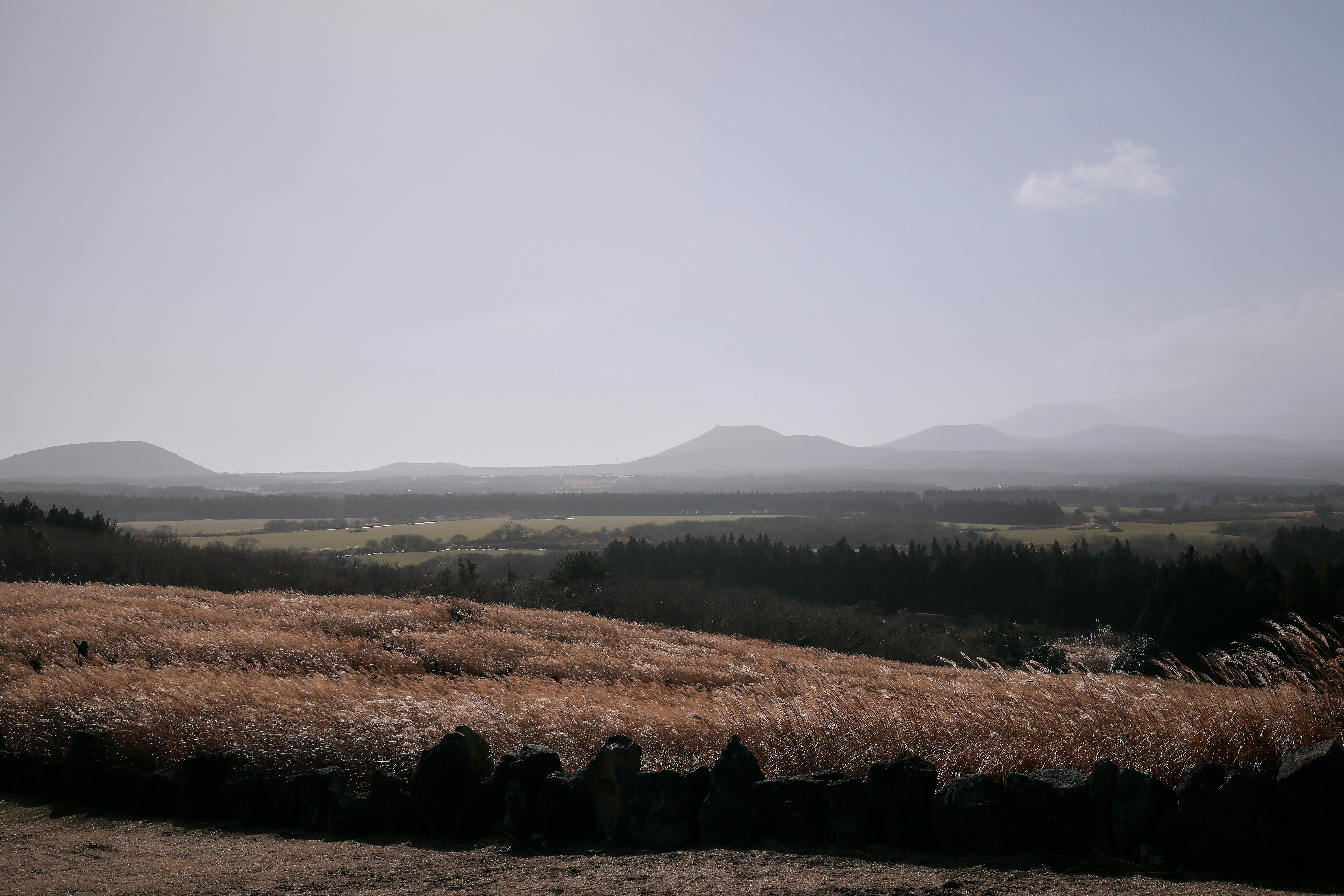 Hazy Ridgeline: Golden Grass Above a Weathered Stone Wall