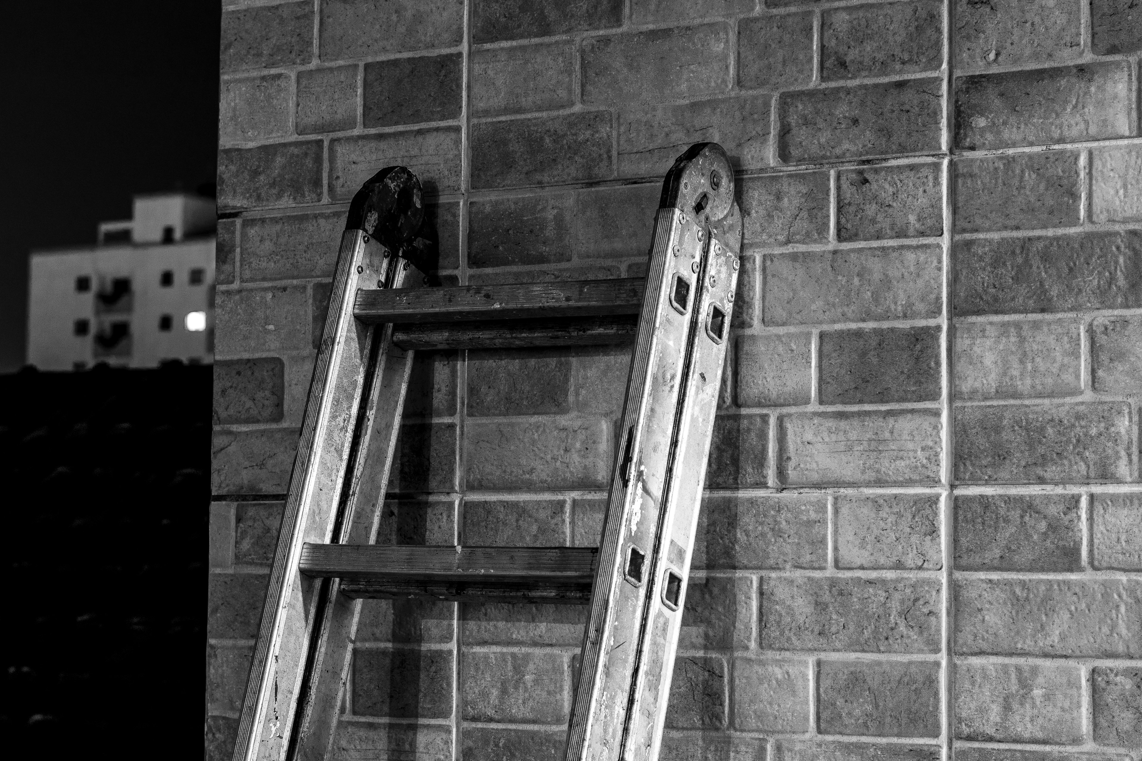 Rusted Ladder Arching Against a Bricked Wall