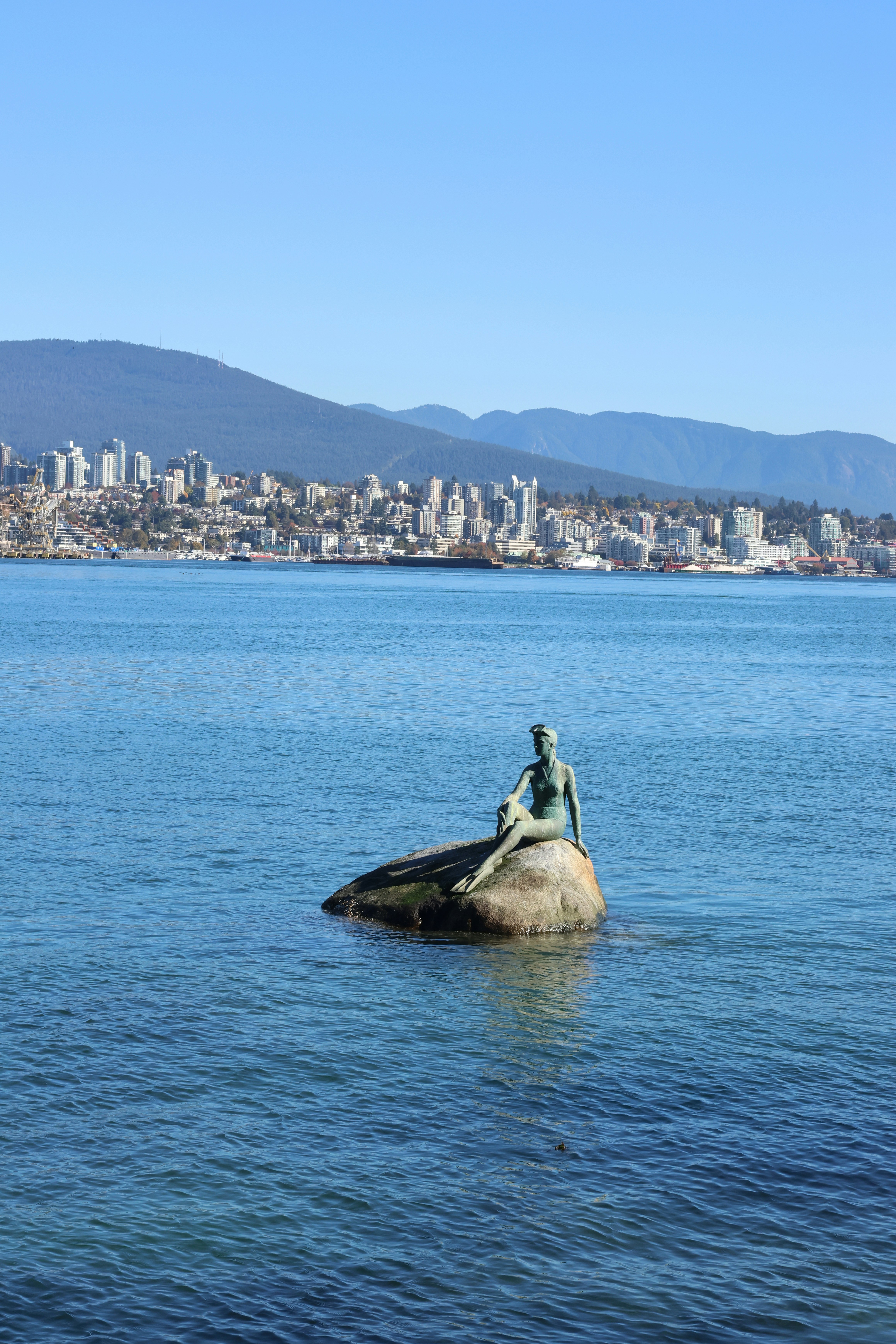 Sea Sentinel: The Bronze Figure on a Quiet Rock against a Cityline