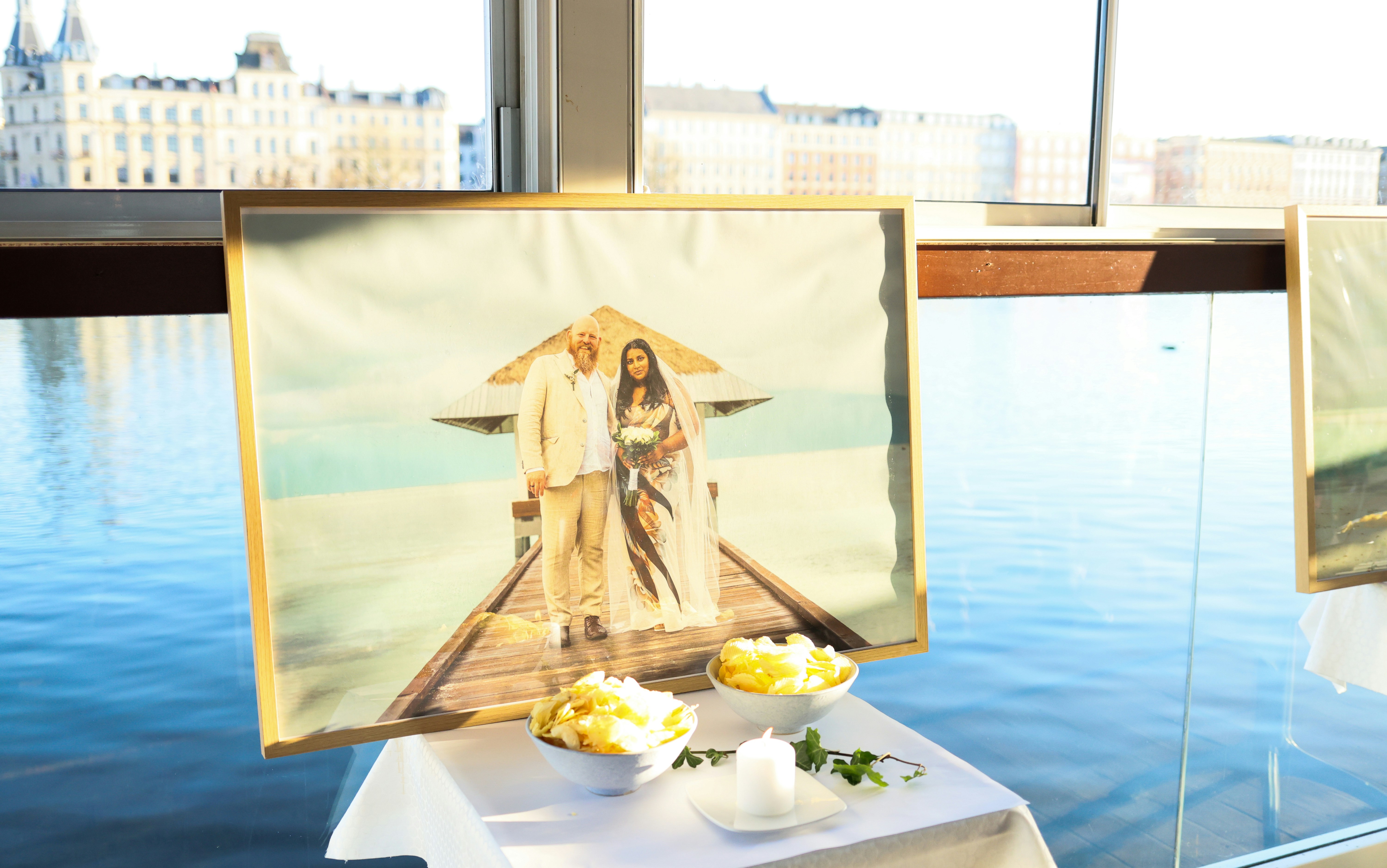 Framed Wedding Portrait by the Window at Waterfront Gallery