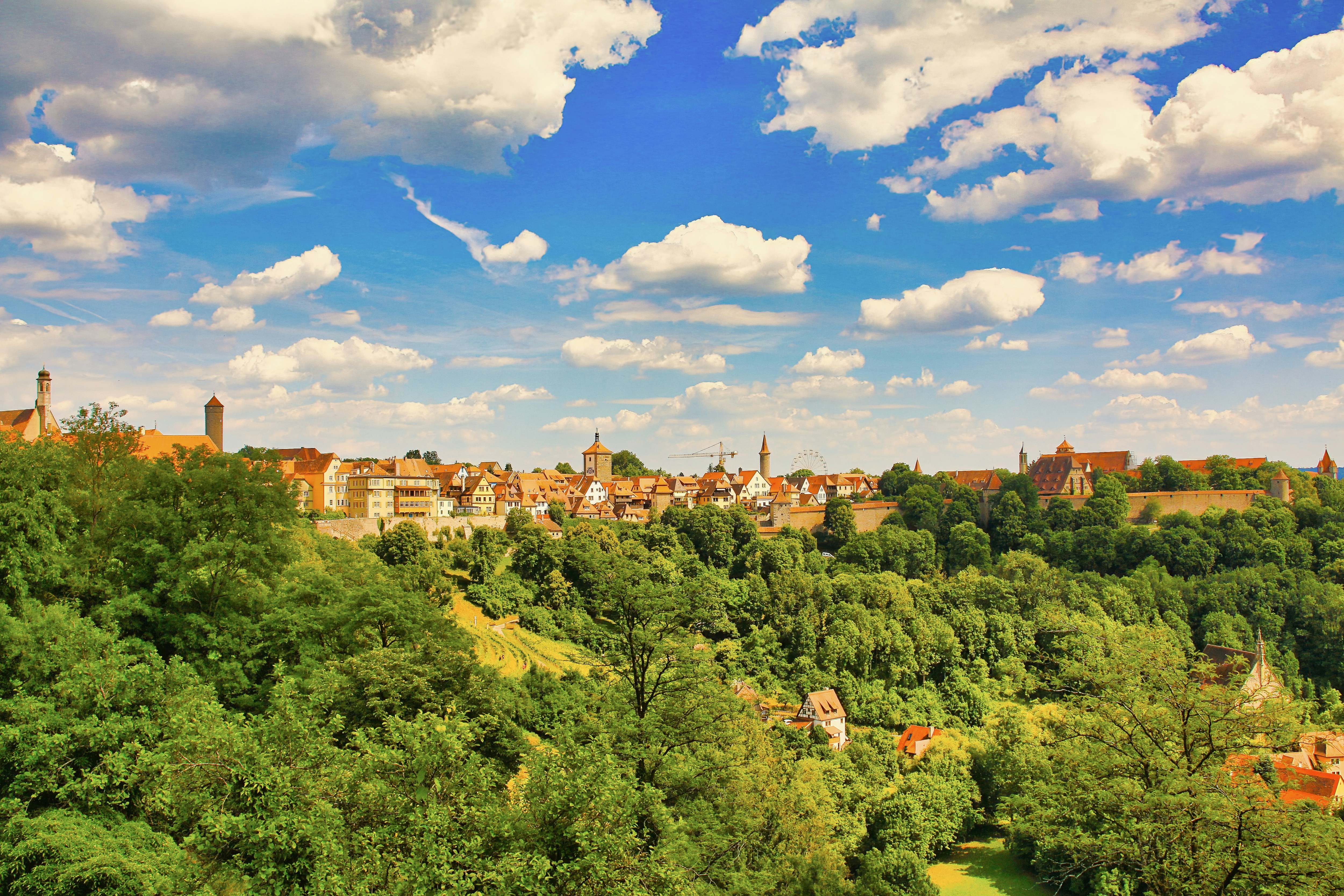 Green trees with a historic german town in the background. photo – Free ...