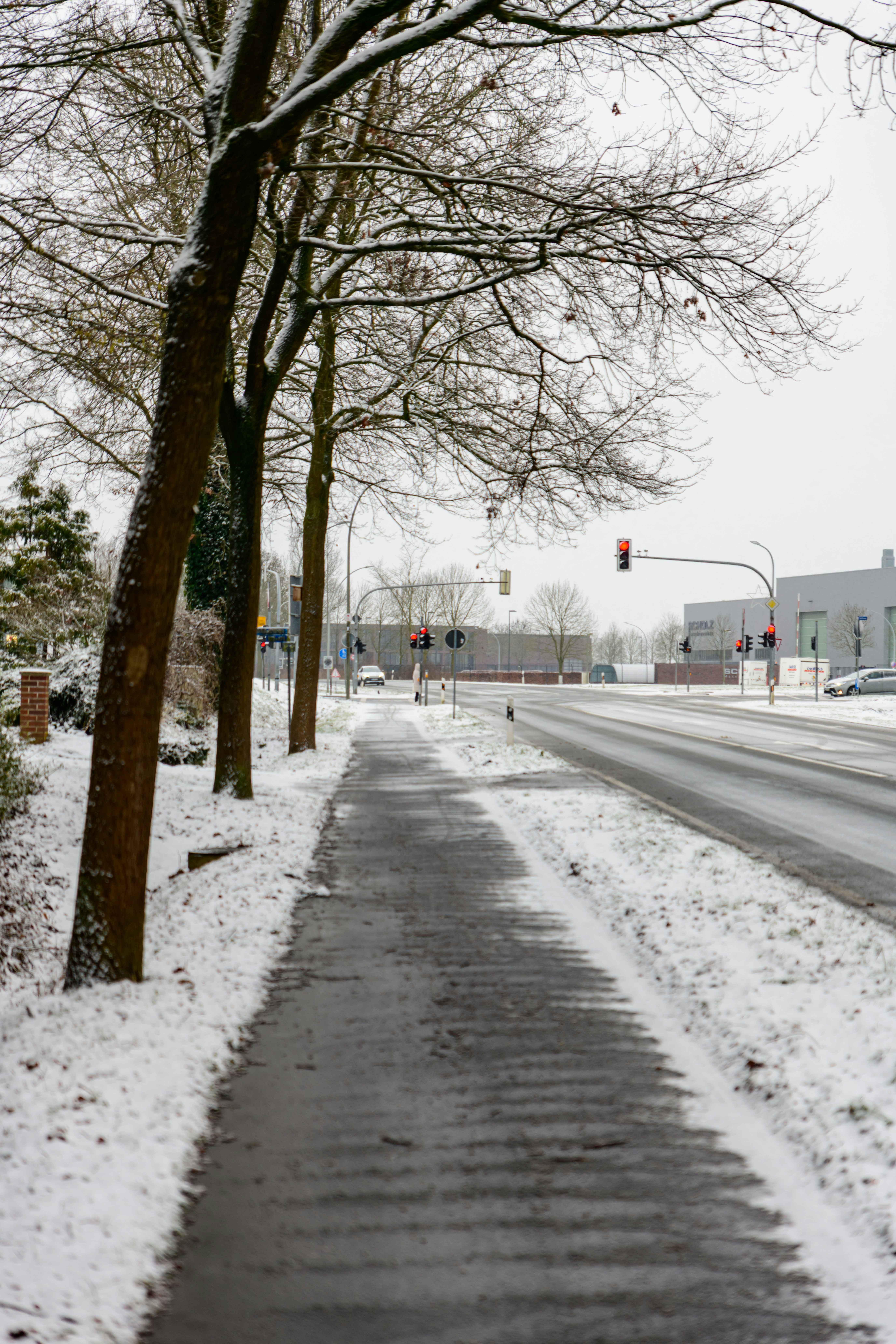 Snowy Urban Sidewalk with Foreshortened Perspective