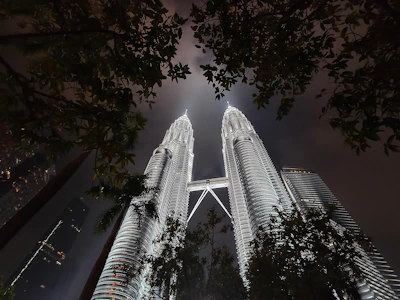 Sky-bridged Giants: Petronas Towers Framed by Night Canopy