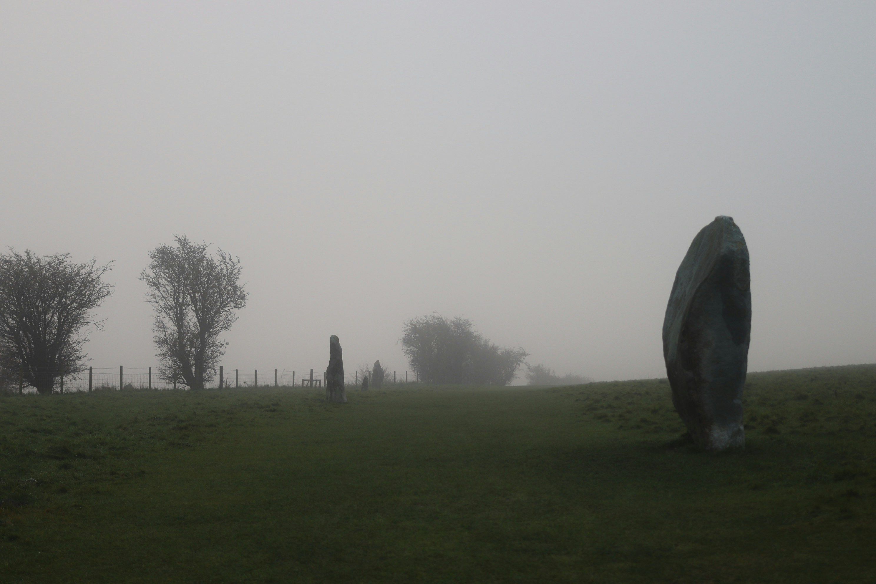 Misty field with ancient standing stones and trees photo – Free Trees ...