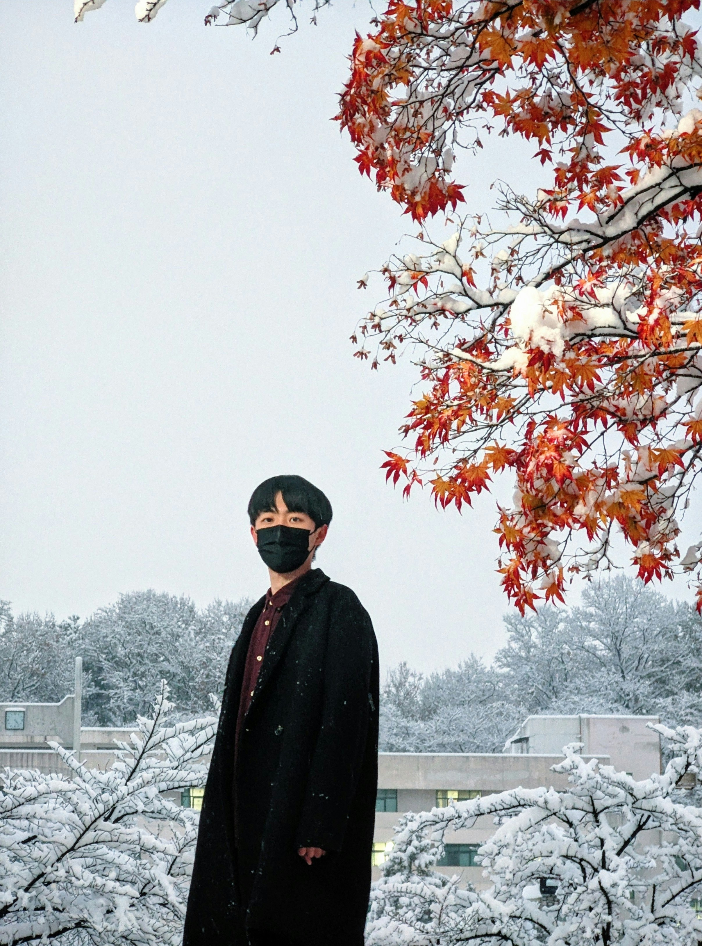Man in mask stands among snowy trees with red leaves.