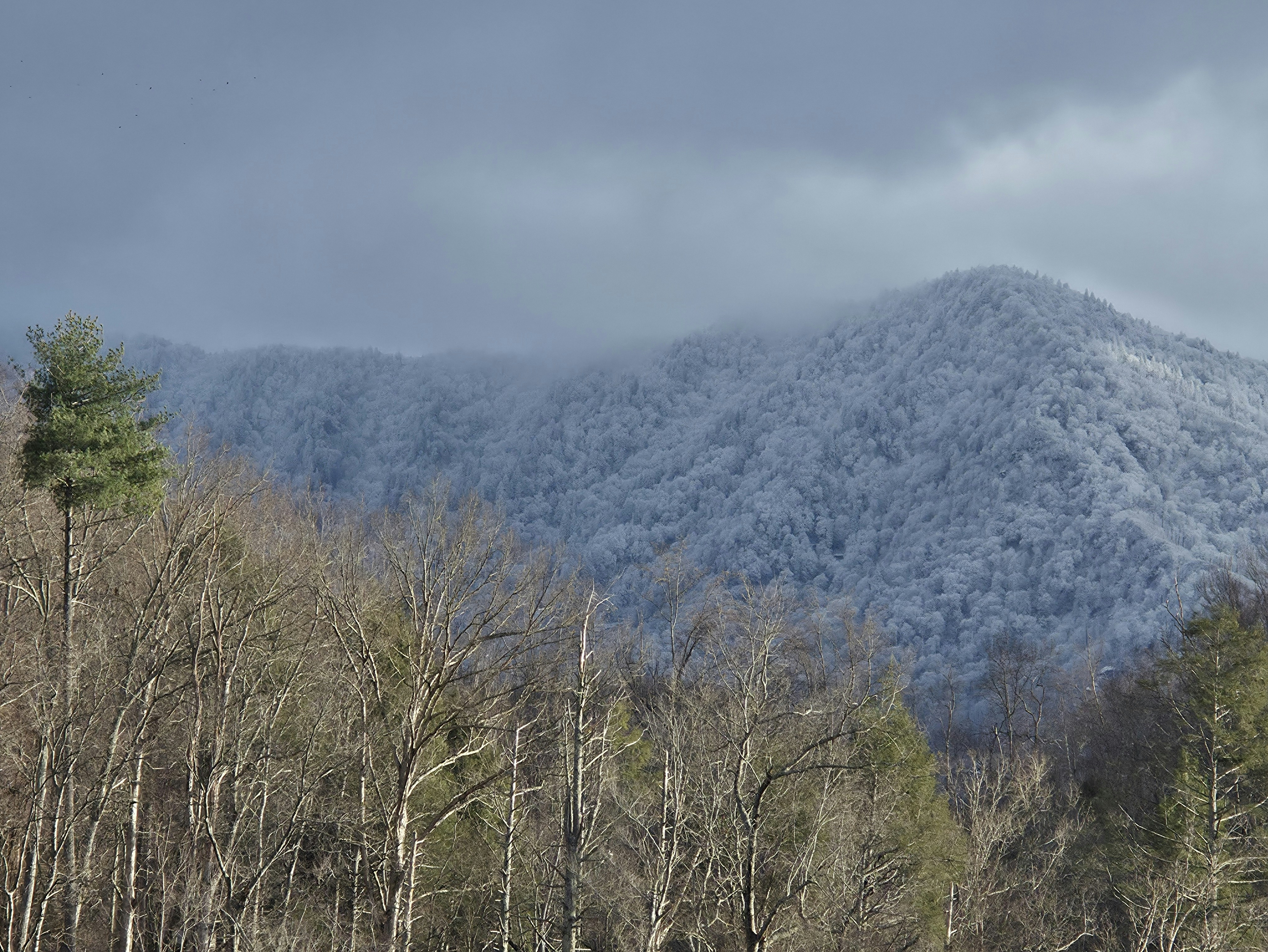Snow-kissed Ridge Beneath Overcast Sky