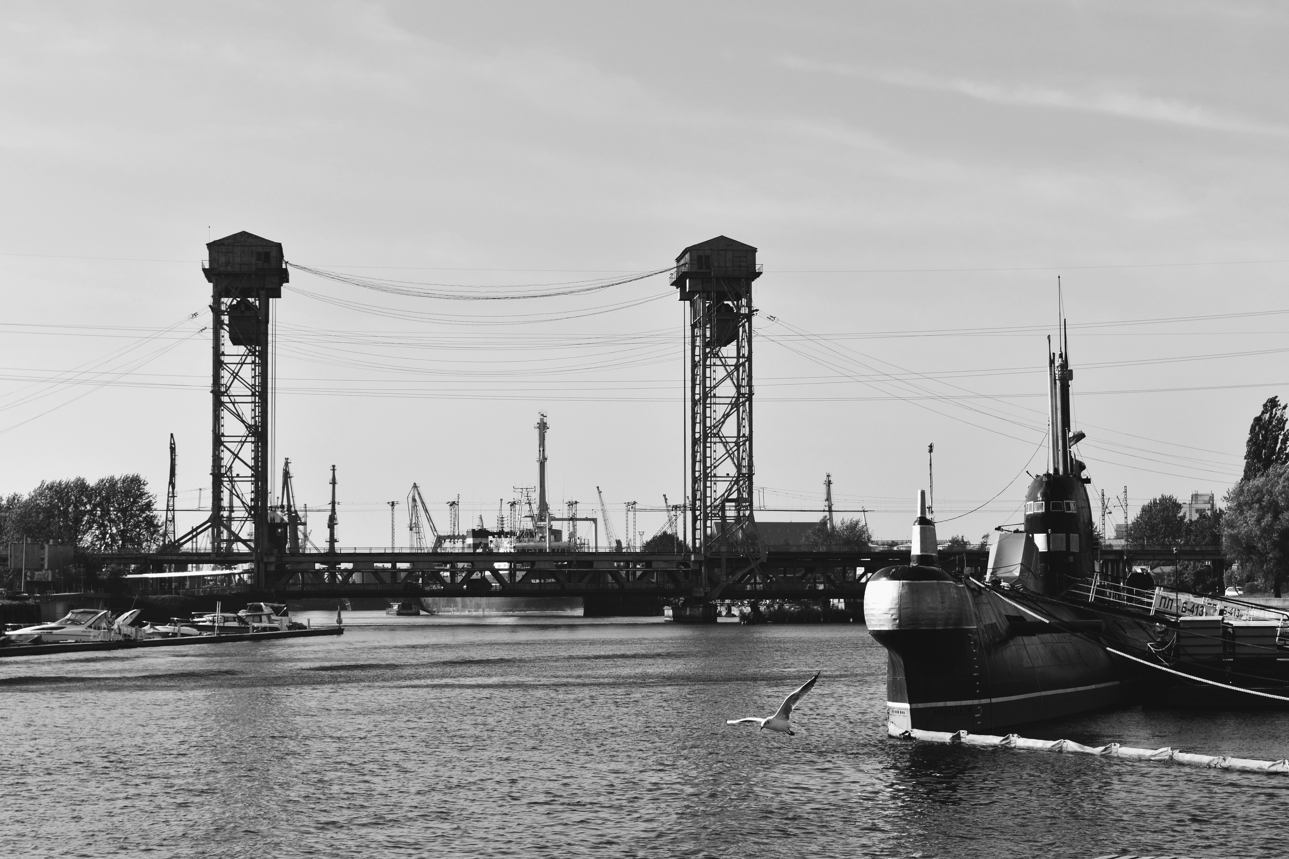 A black and white view of a drawbridge and ships. photo – Free Travel ...