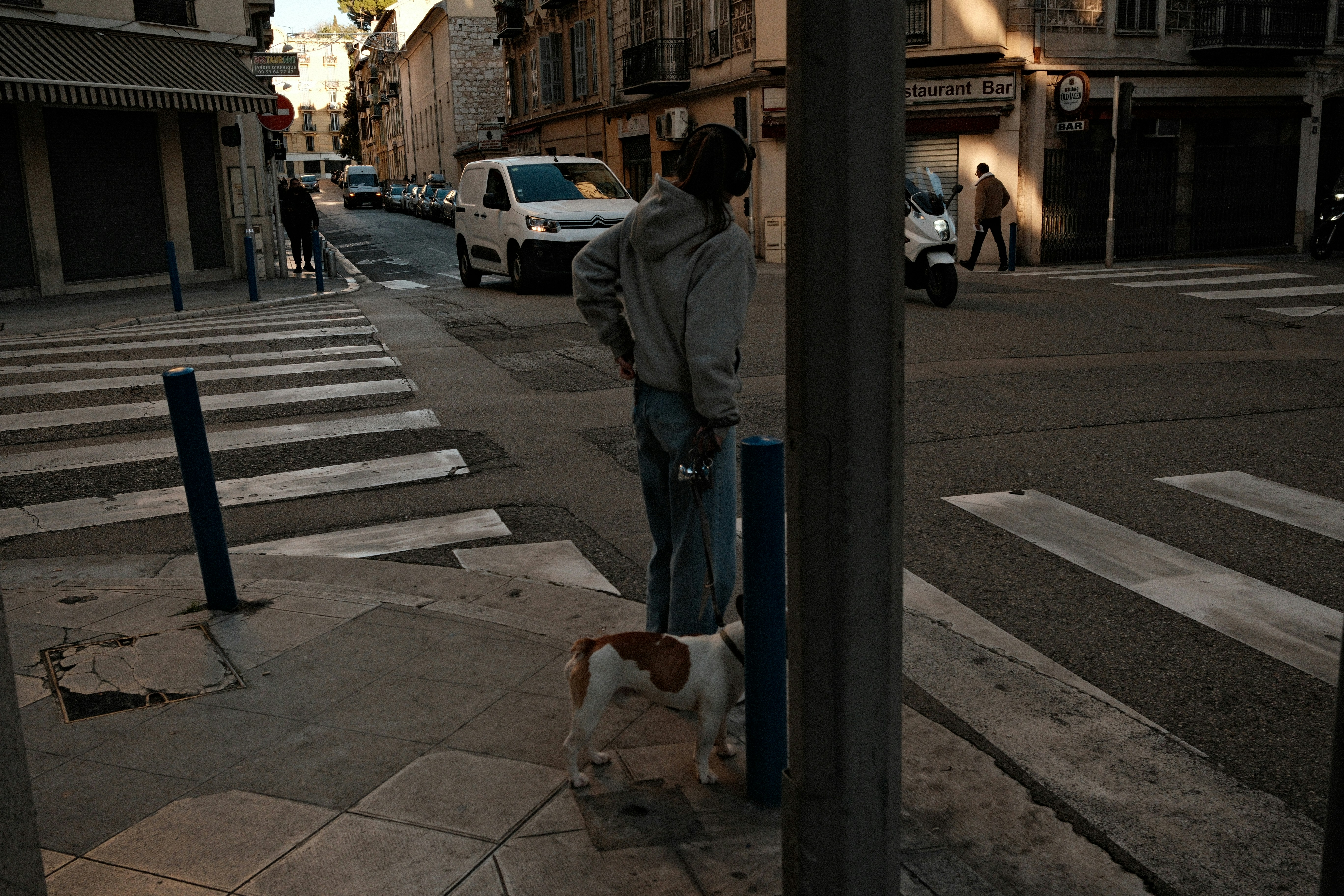 Man with dog on street corner at sunset