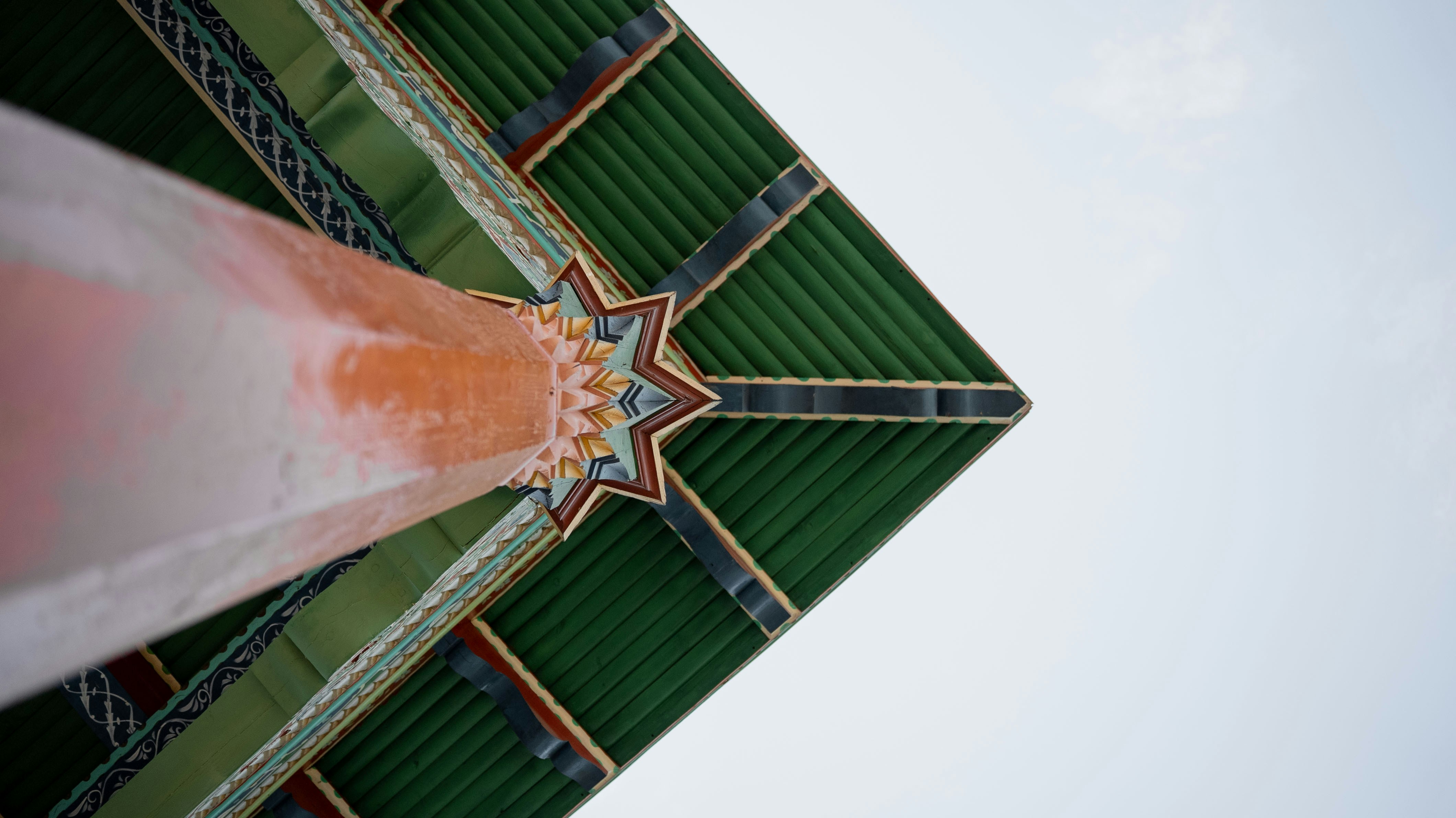 Architectural Prism: Upward View of a Colorful Temple Roof