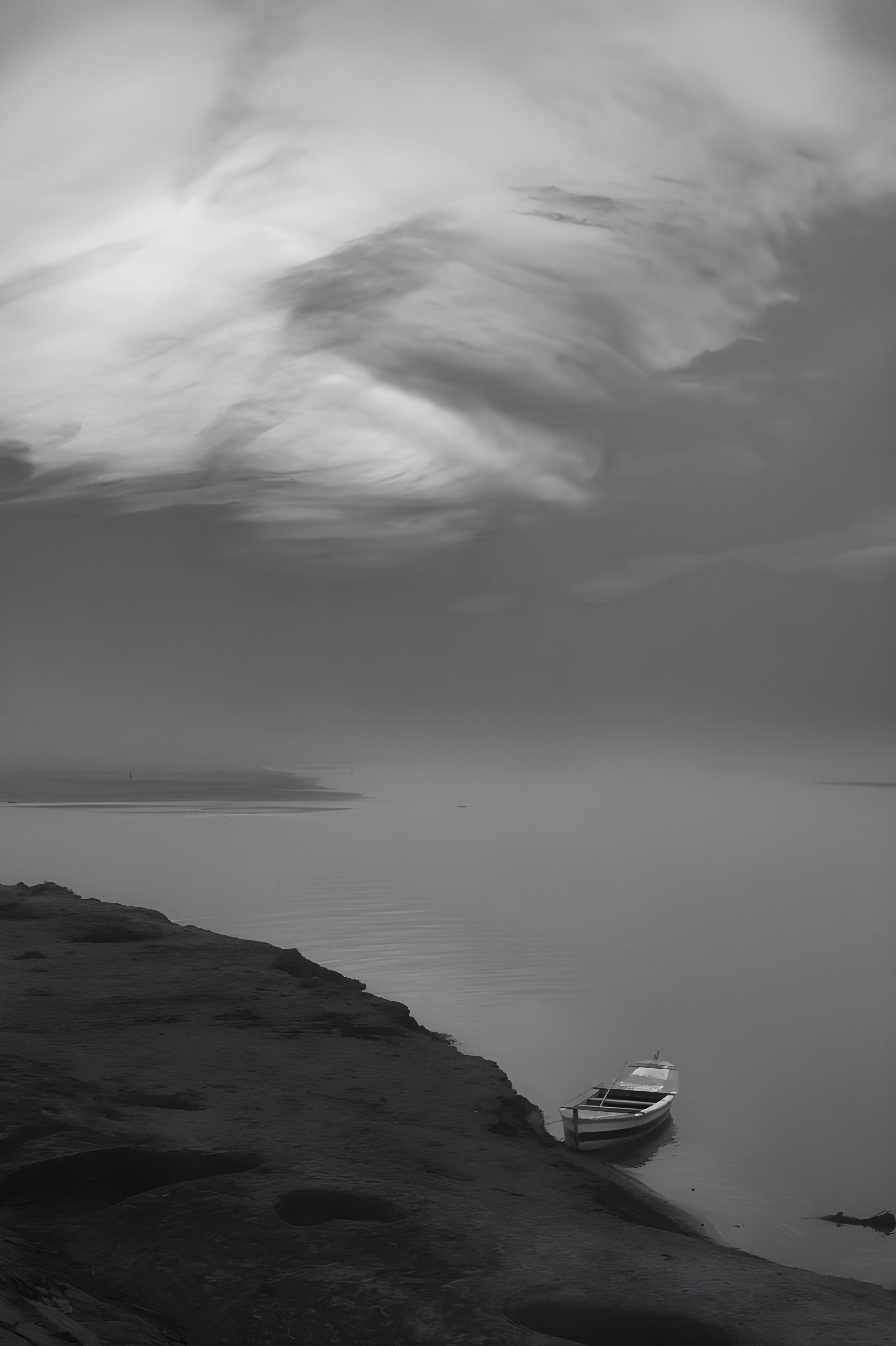A minimalist black and white landscape showing a small wooden boat resting near the shore under dramatic cloudy skies.