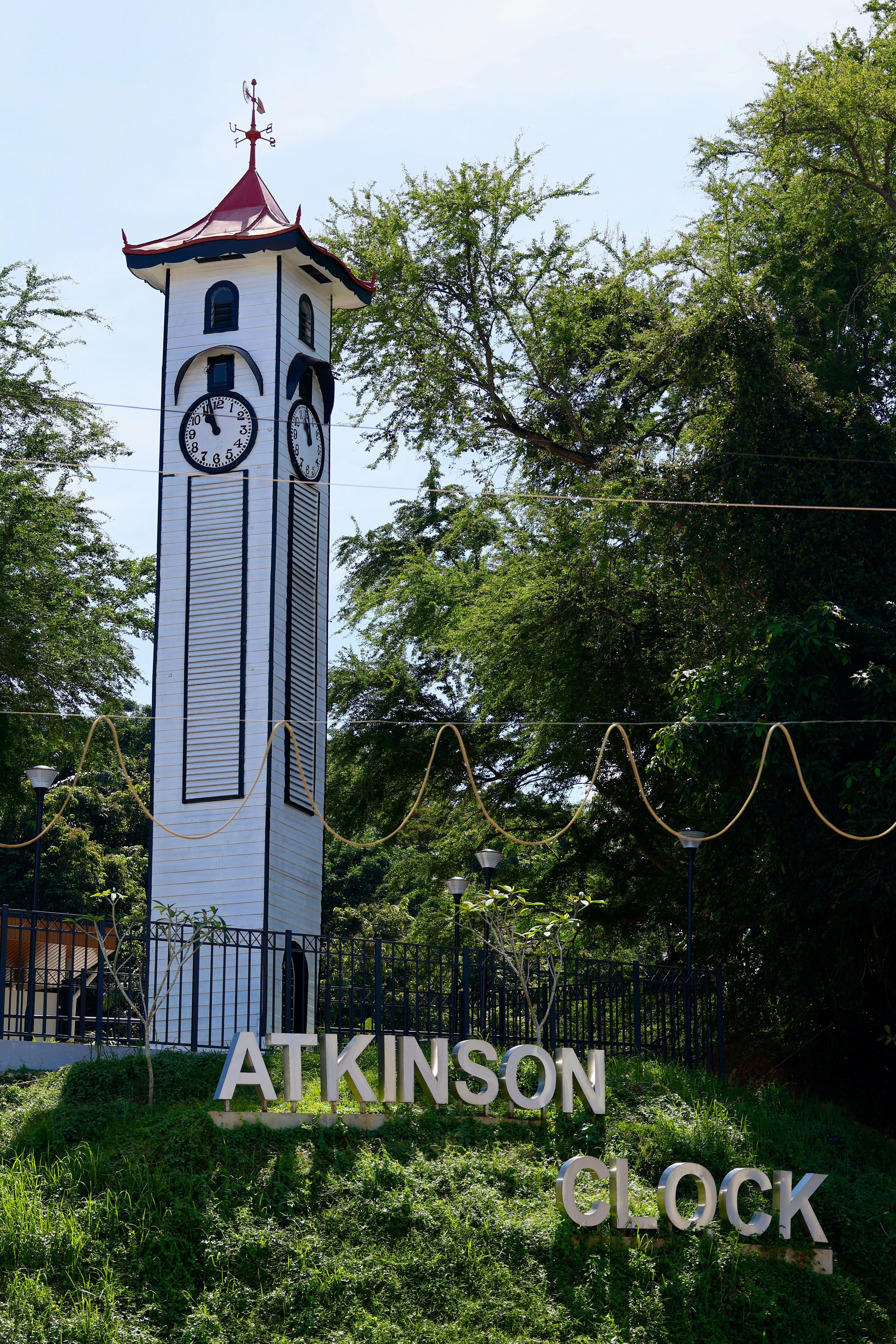 Atkinson Clock Tower Rising Above a Garden Wall