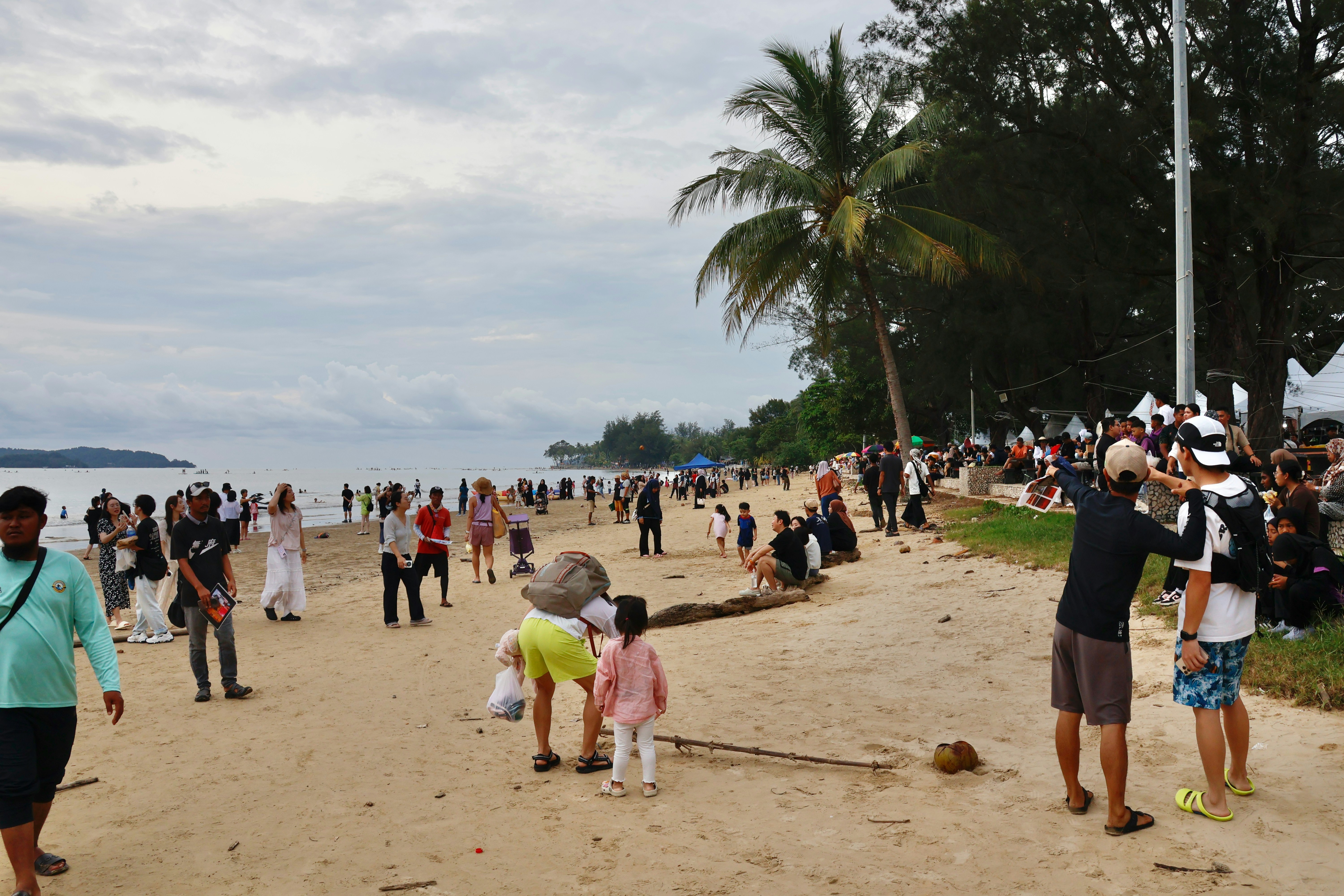 Busy tropical shoreline scene with families and palm trees