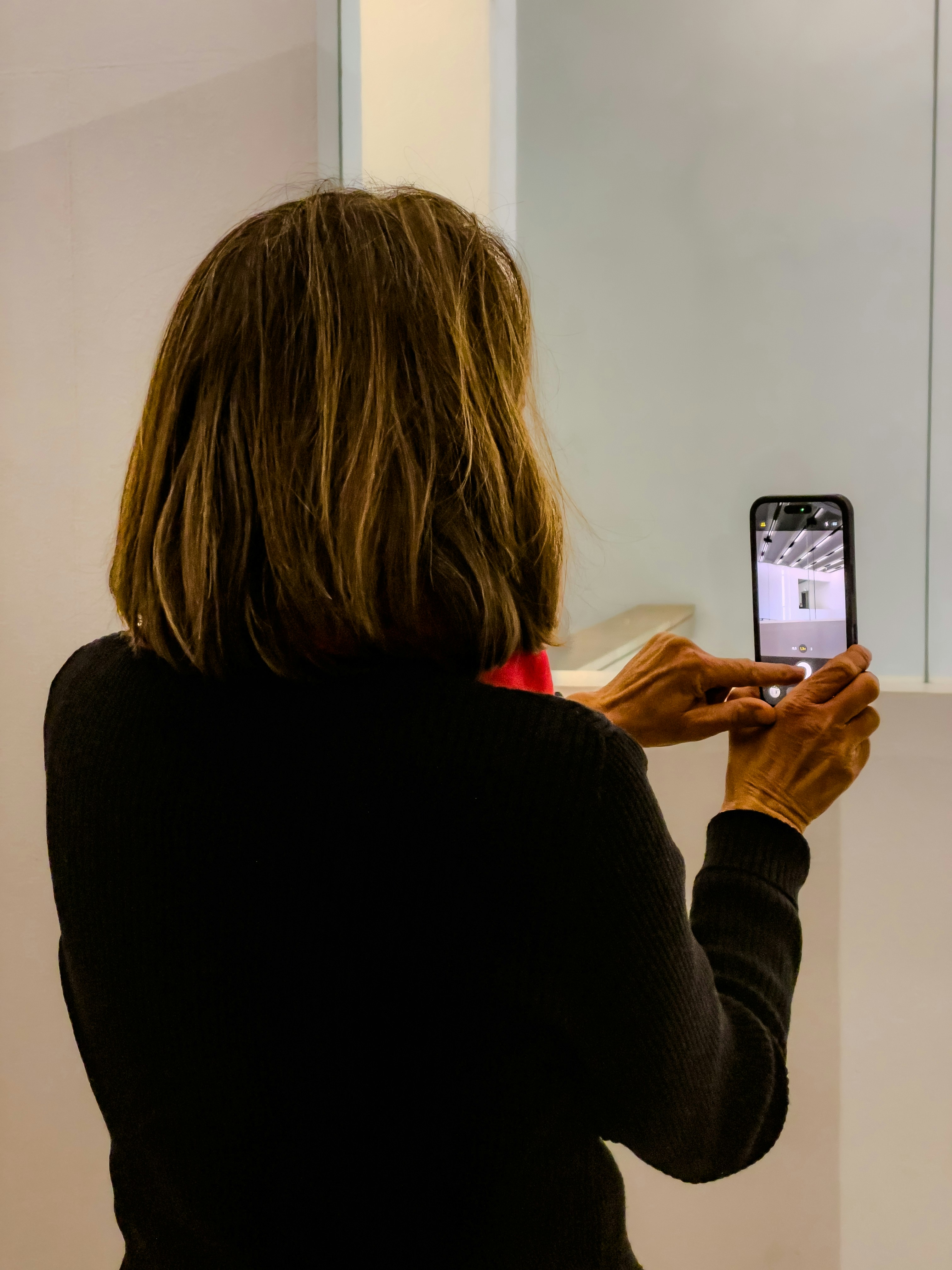 Portrait Behind the Phone: A Viewer’s Back Angle in a Gallery Setting
