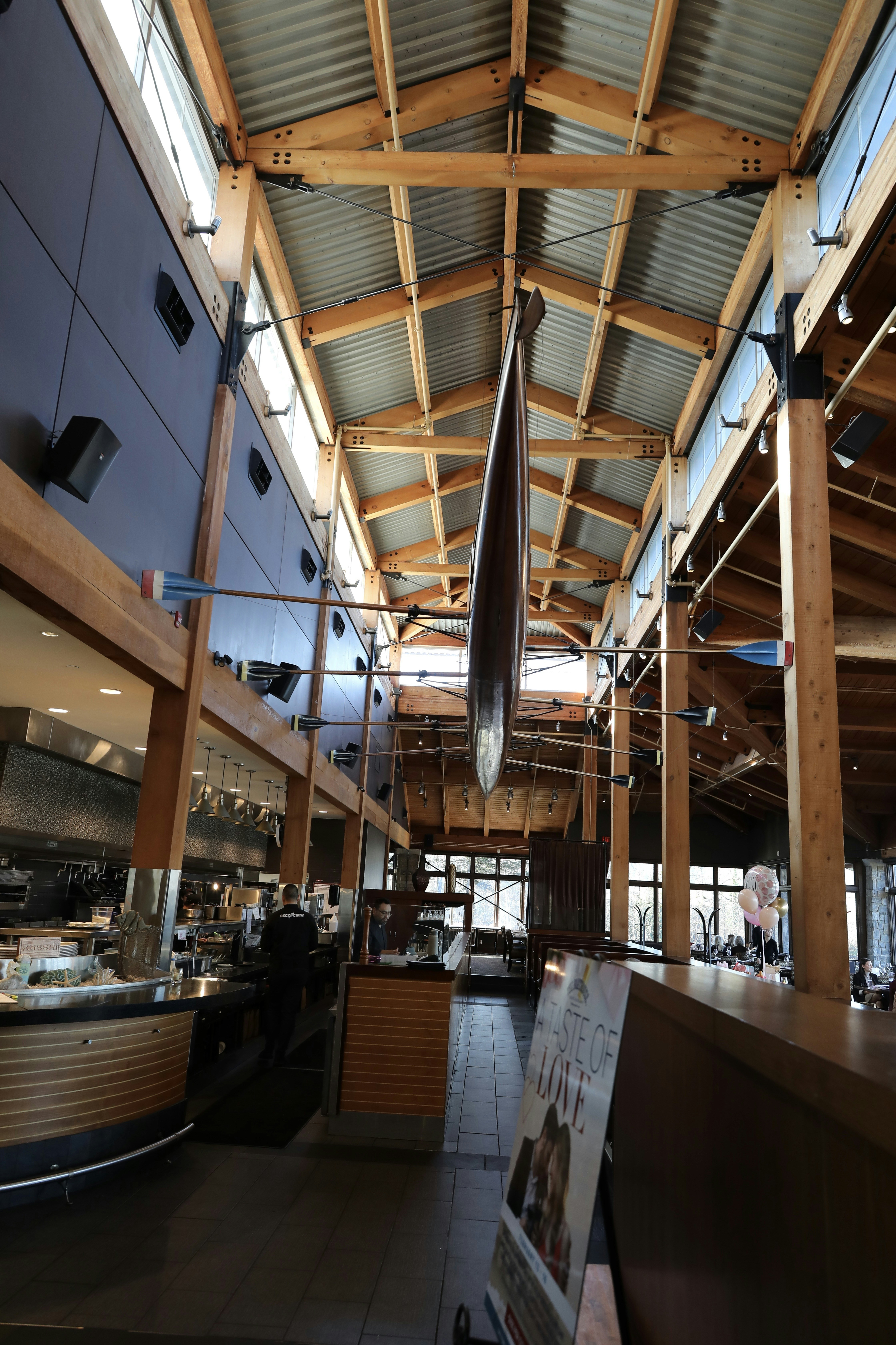 Suspended Canoe in a Wooden Atrium Café