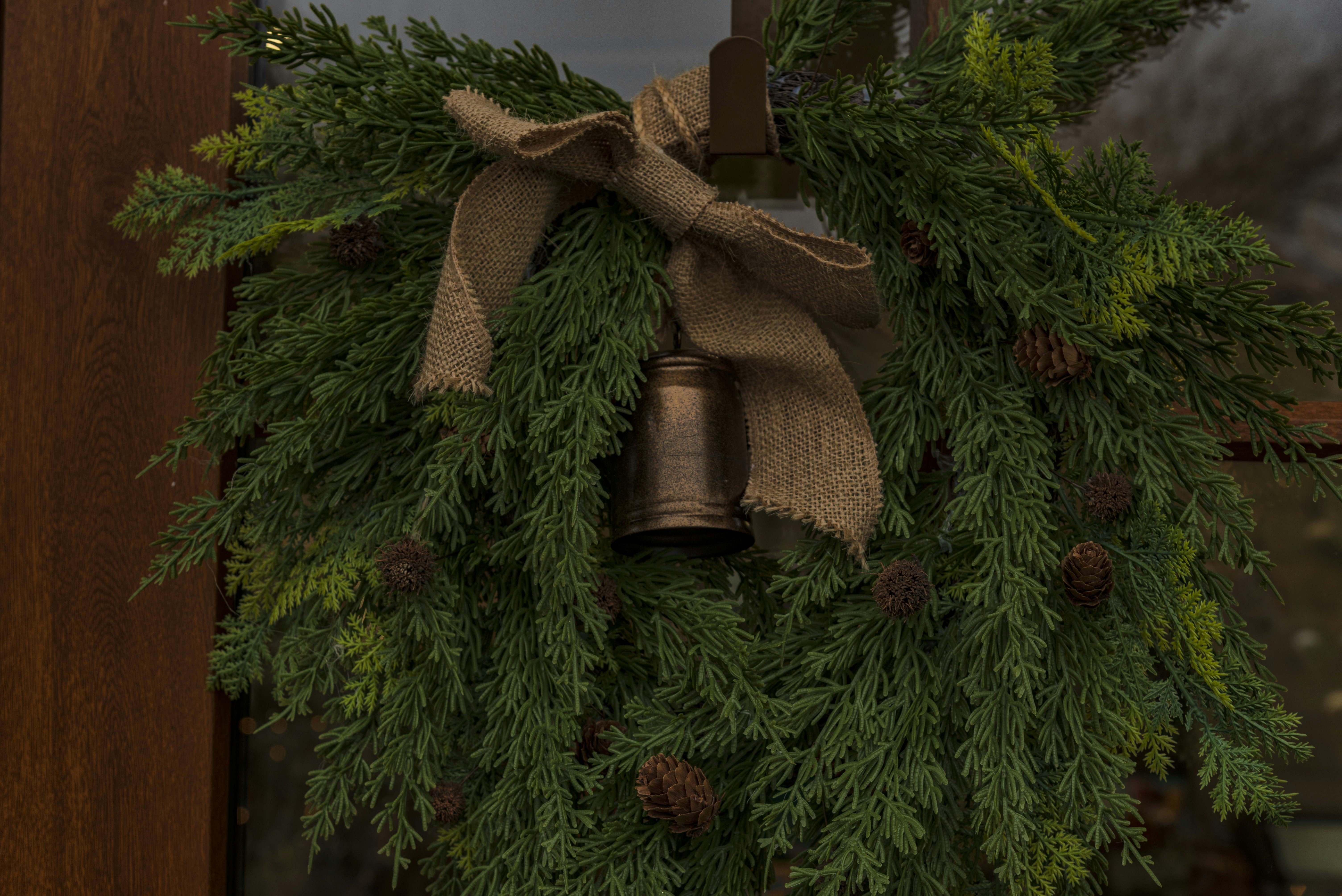 Evergreen Crown with Burlap Ribbon and Bell