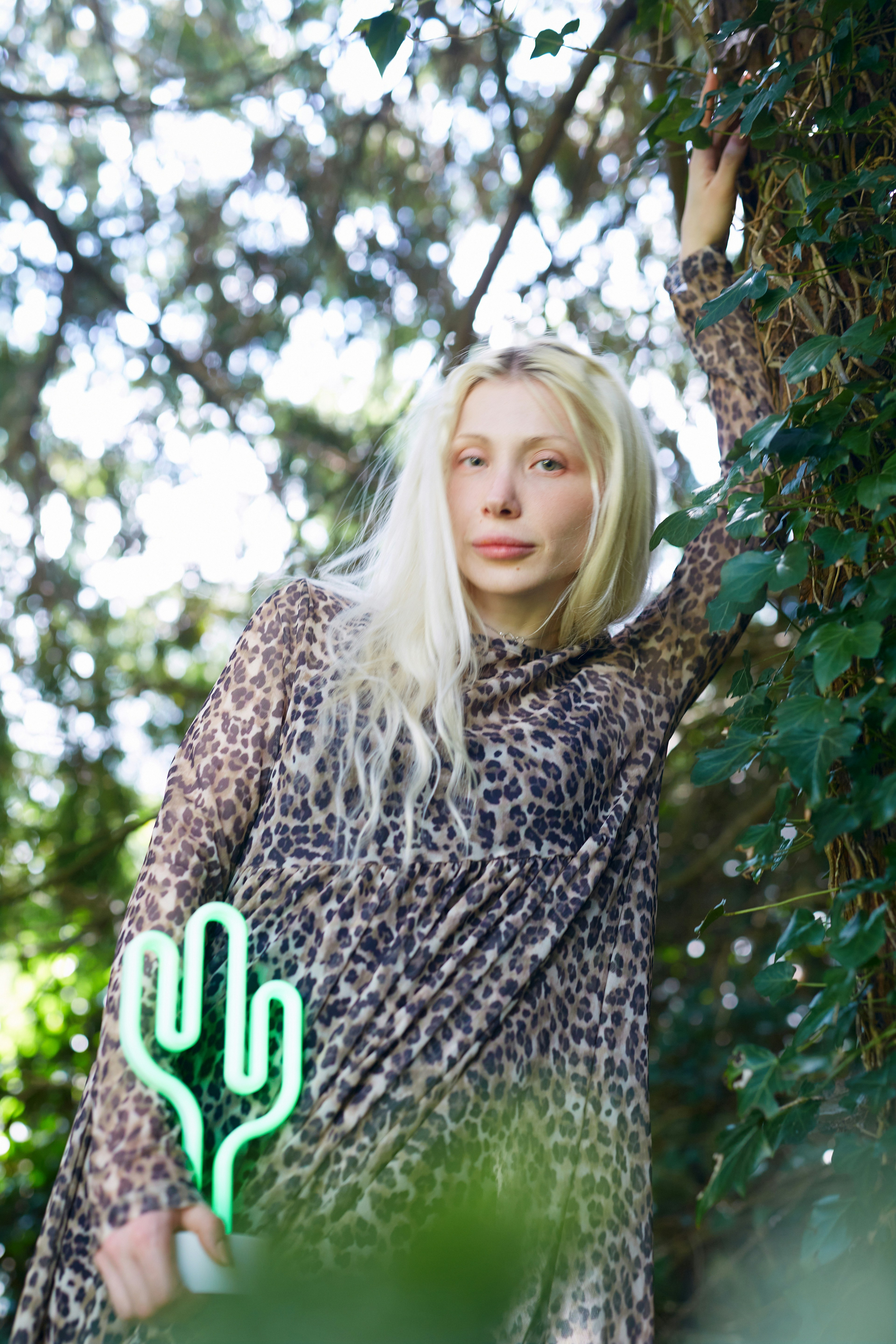 Leopard Dress in Green Shade, with Neon Cactus Accent