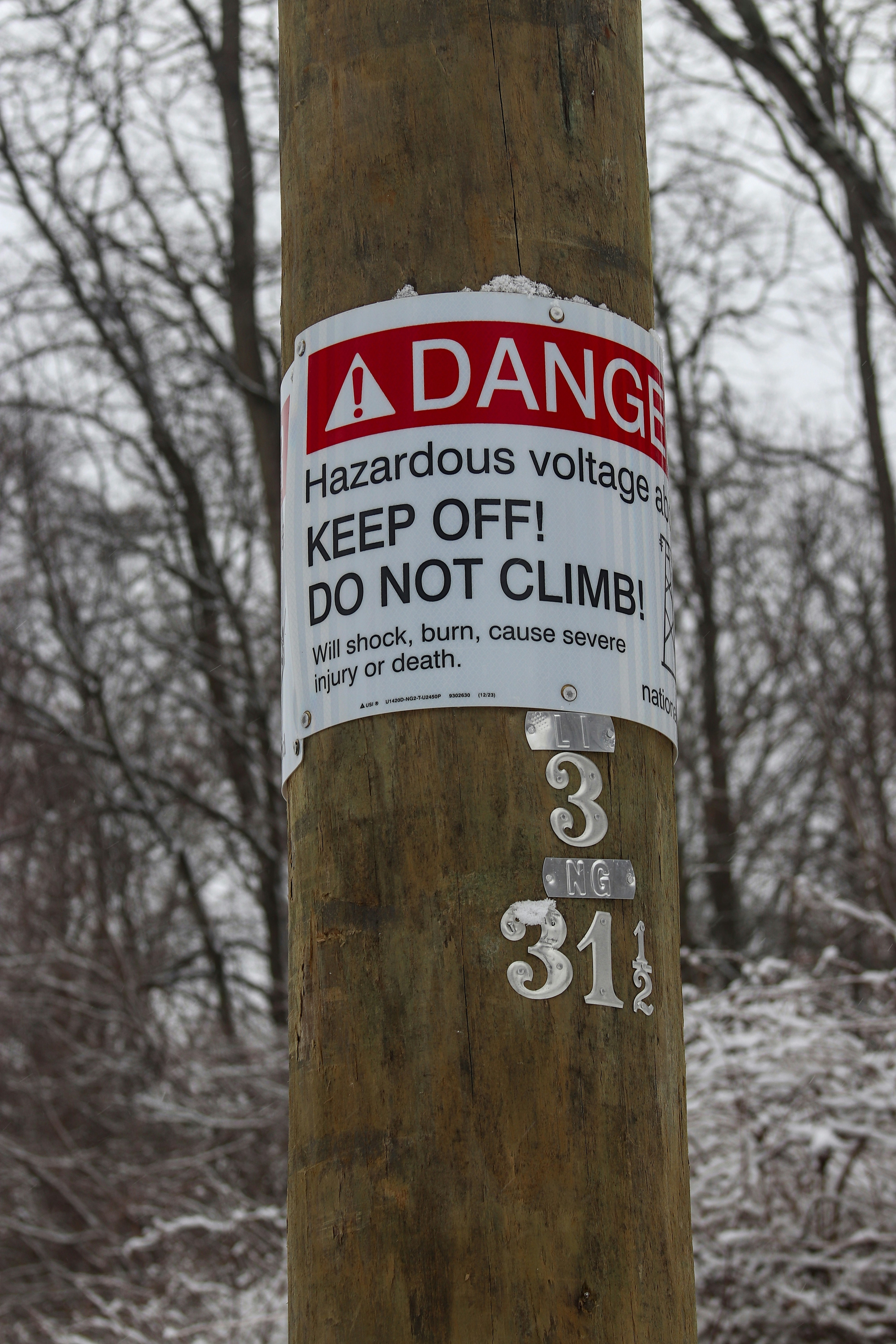 Warning on a wooden post: hazard sign brightened by wintry woodland backdrop
