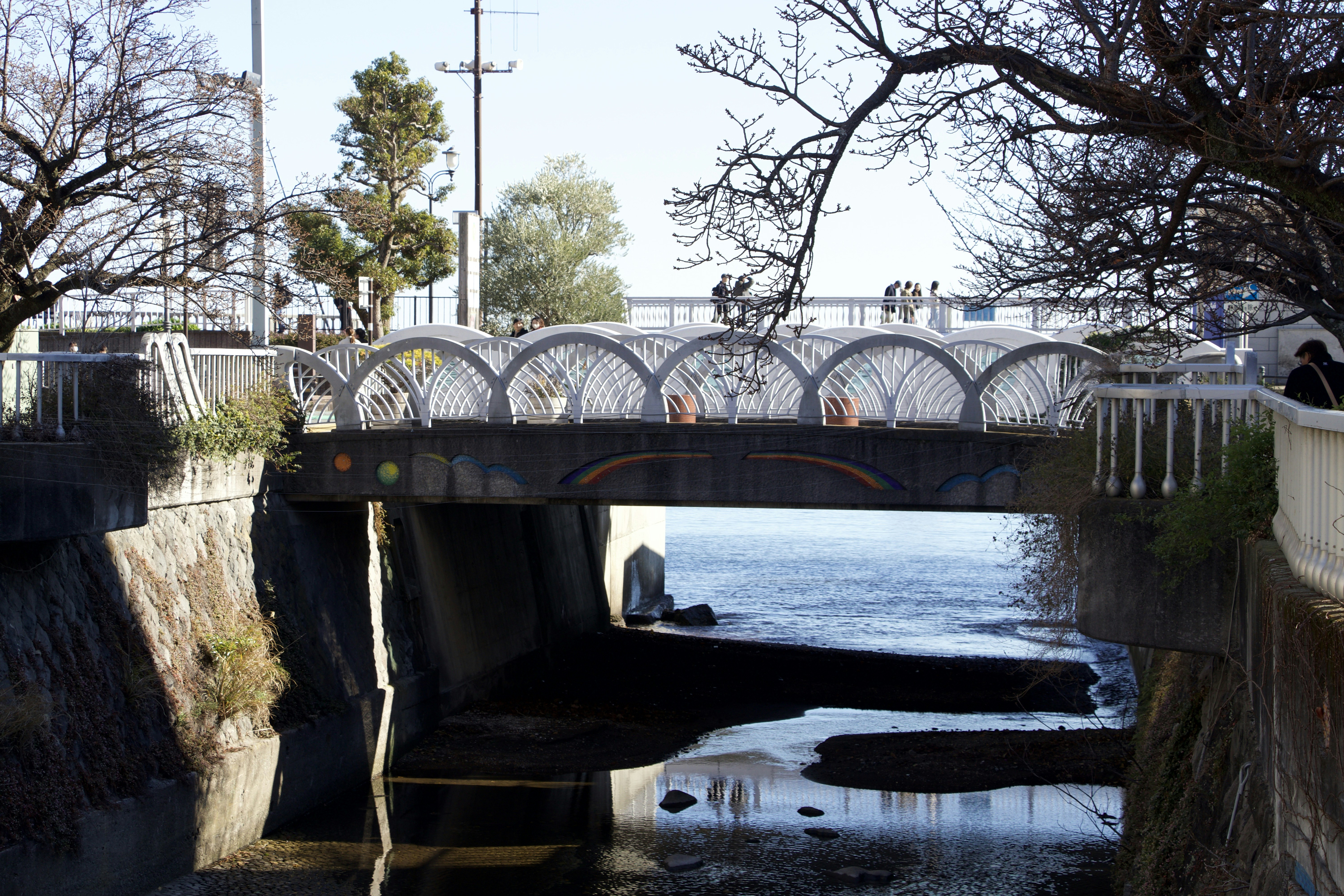 Arched pedestrian bridge over a quiet waterway