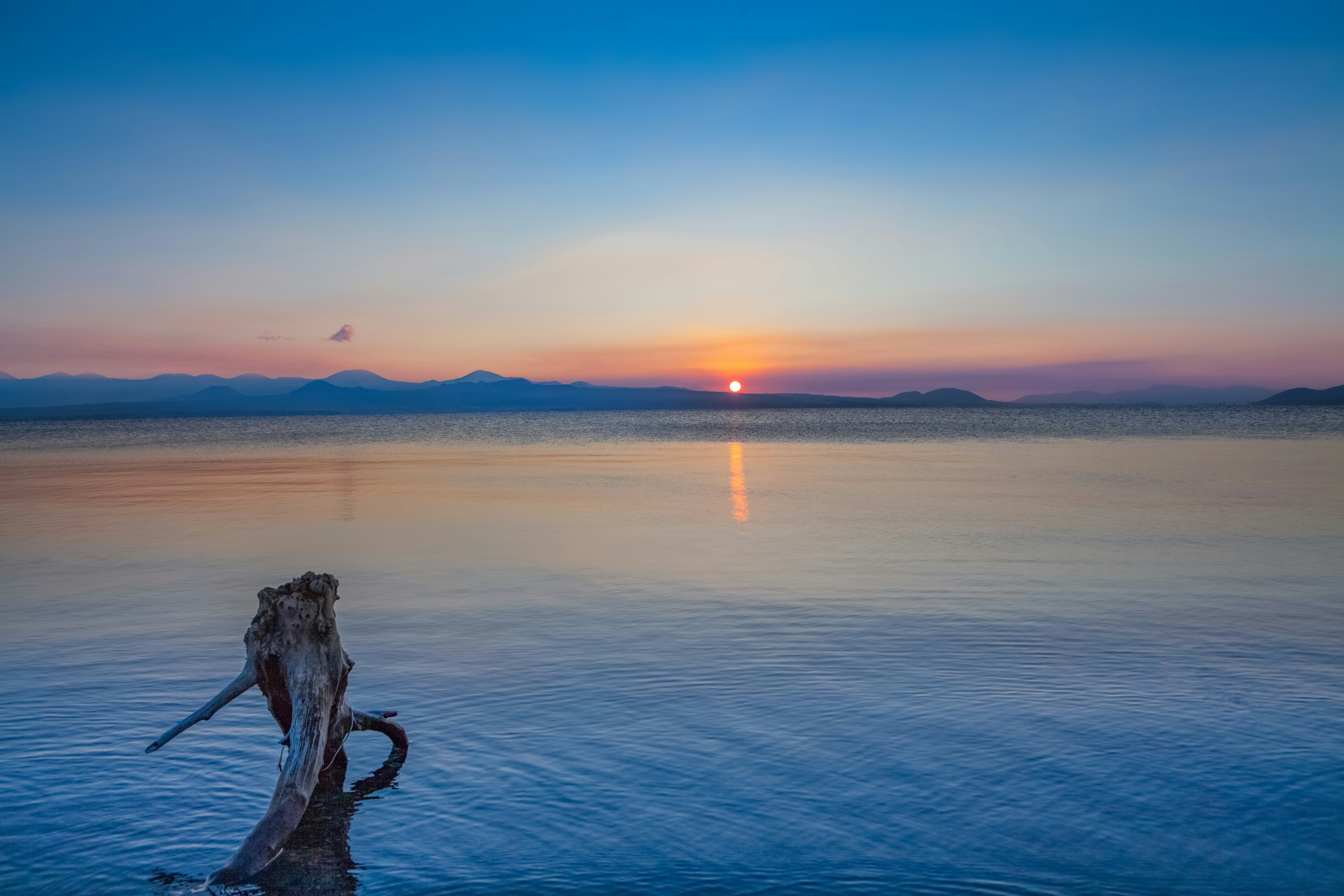Low Sun, Still Waters: Sunset Over a Wooden Remnant