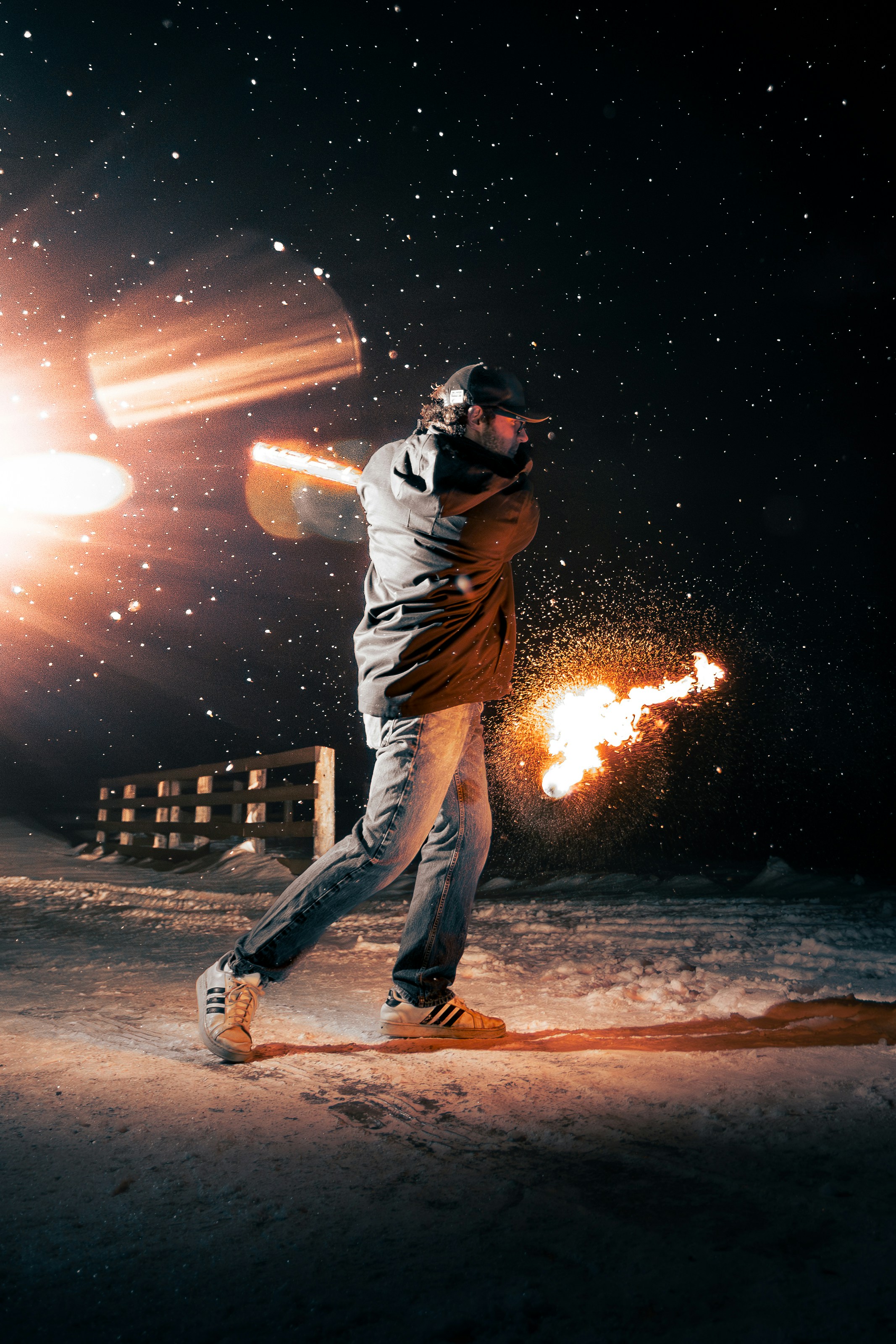 Fire and Ice: A Nighttime Snowboarder Unleashes Flames