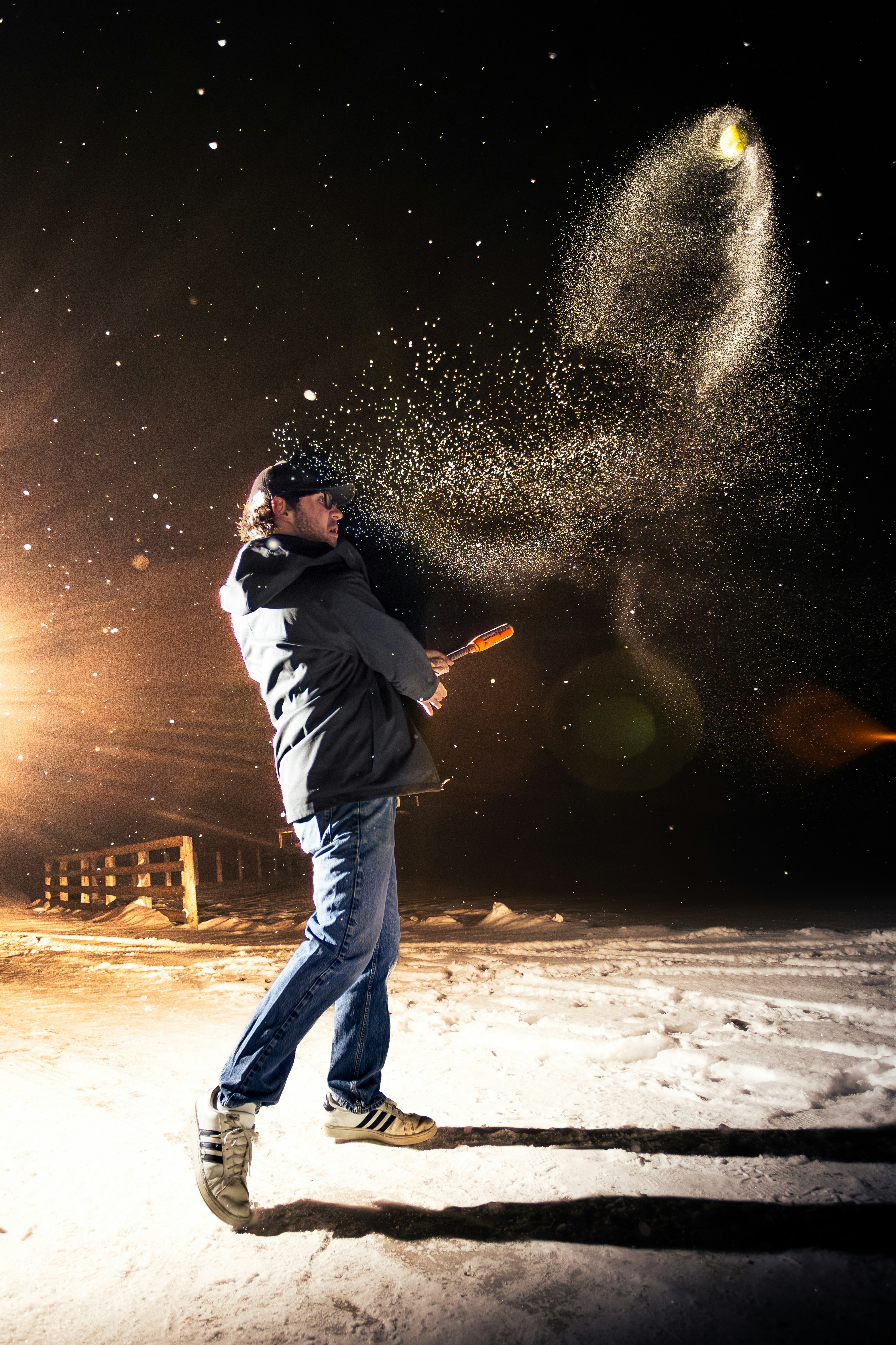 Snowy Conductor: Nighttime Cannonade of Snow Particles