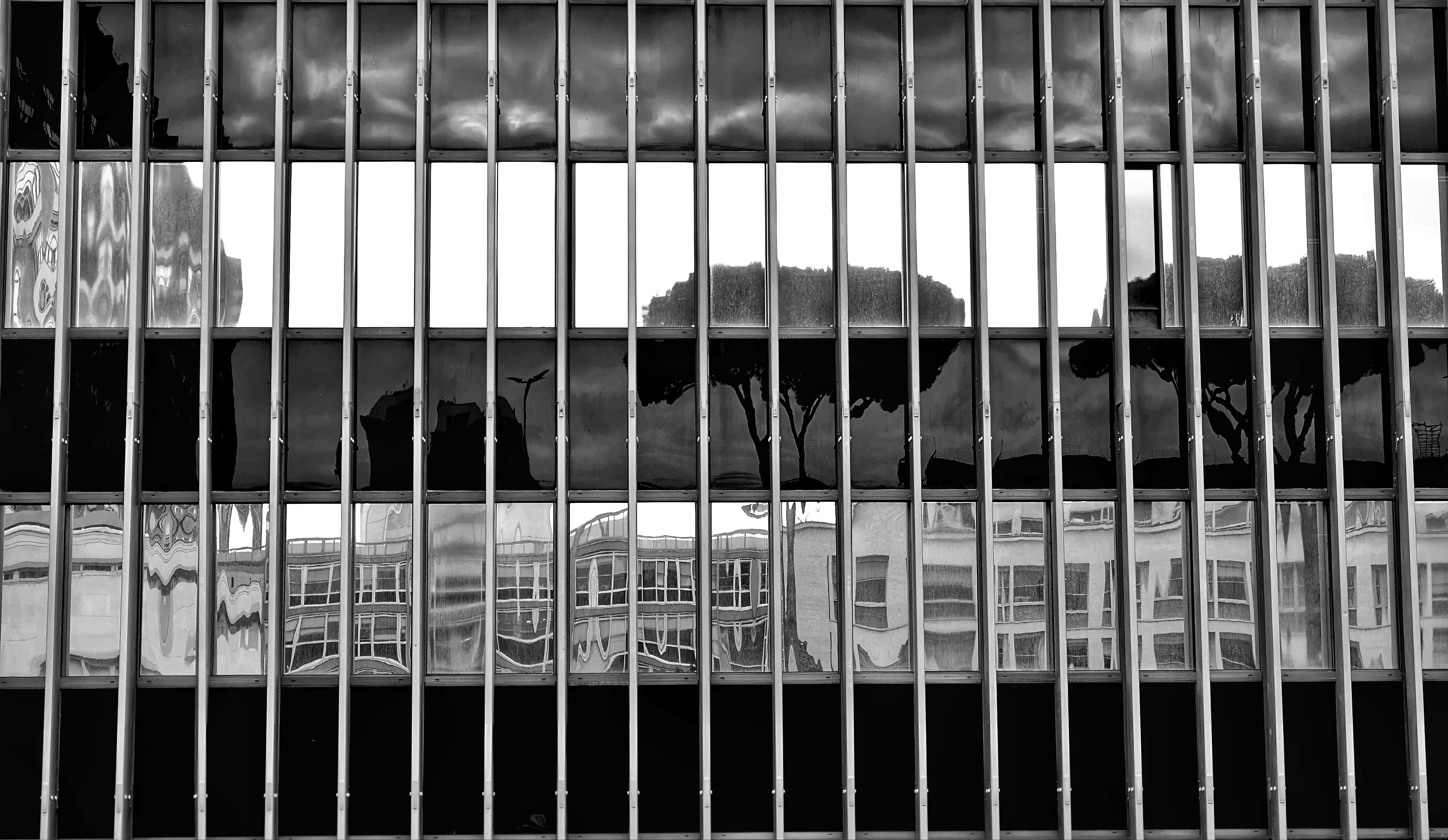 Reflections Behind Bars: An Urban Grid in Monochrome