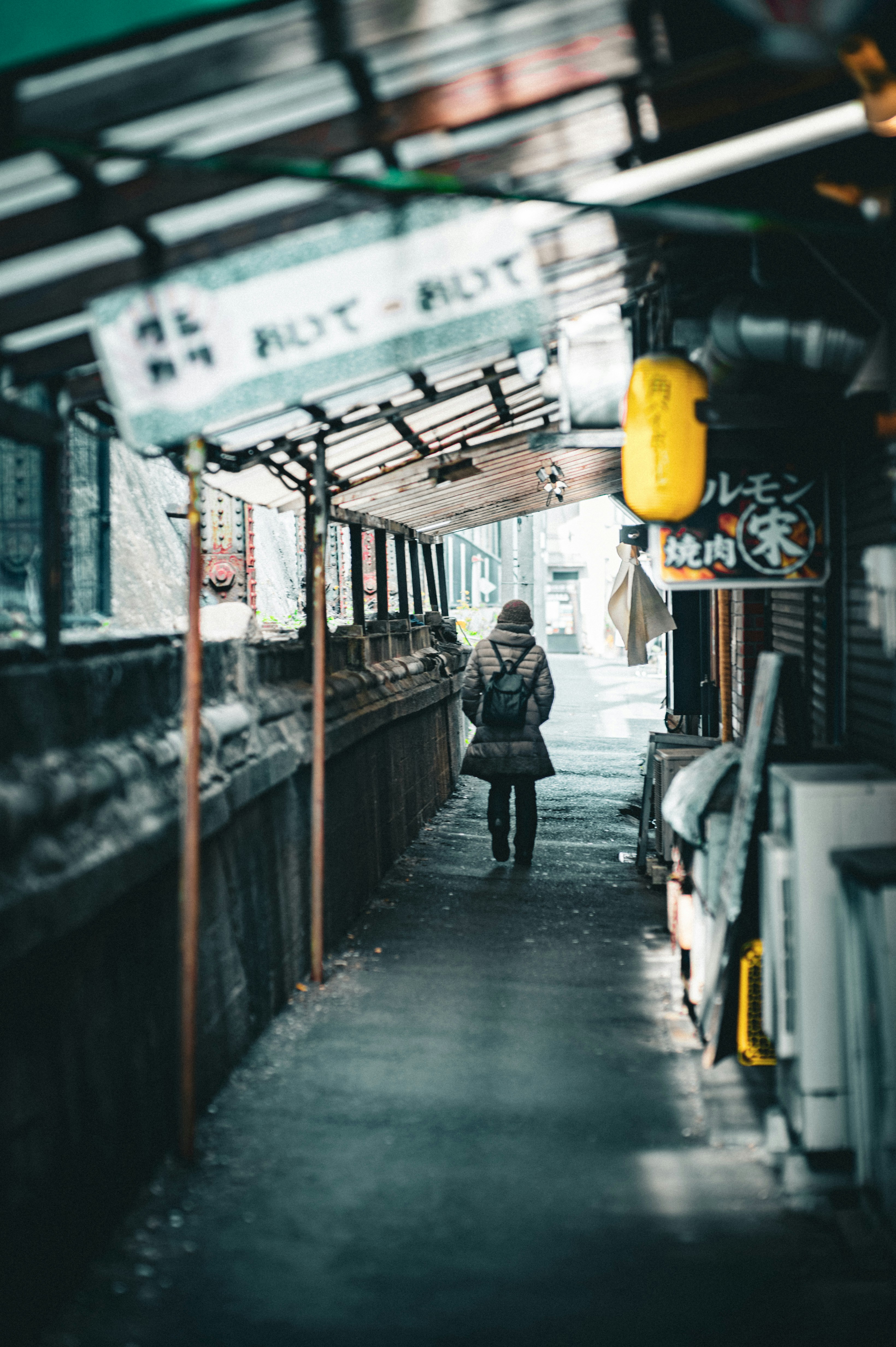 Alleyway Footsteps: A Lone Traveler Through a Neon Alley