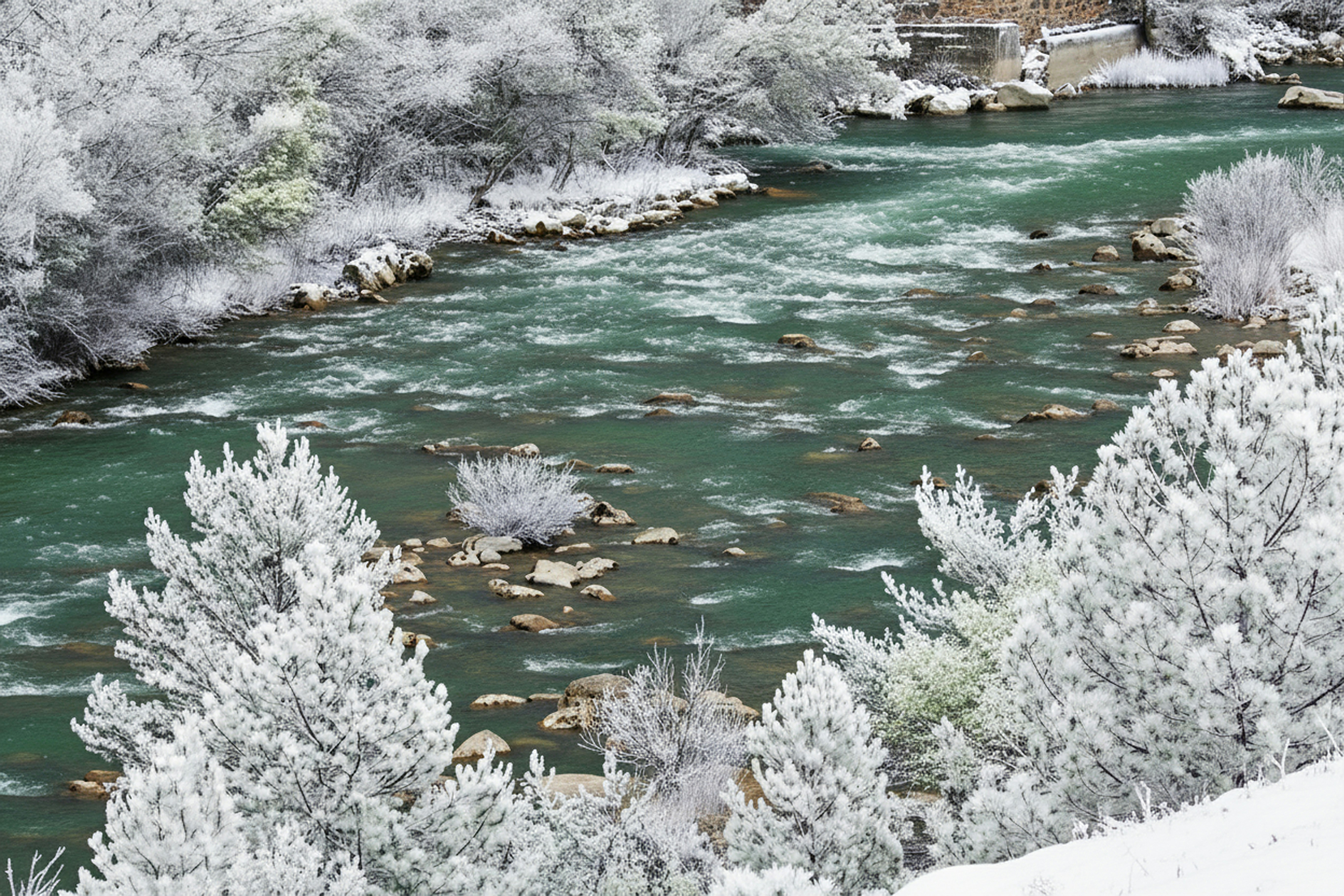 Snow-kissed River Bend with Frosted Riverside Trees
