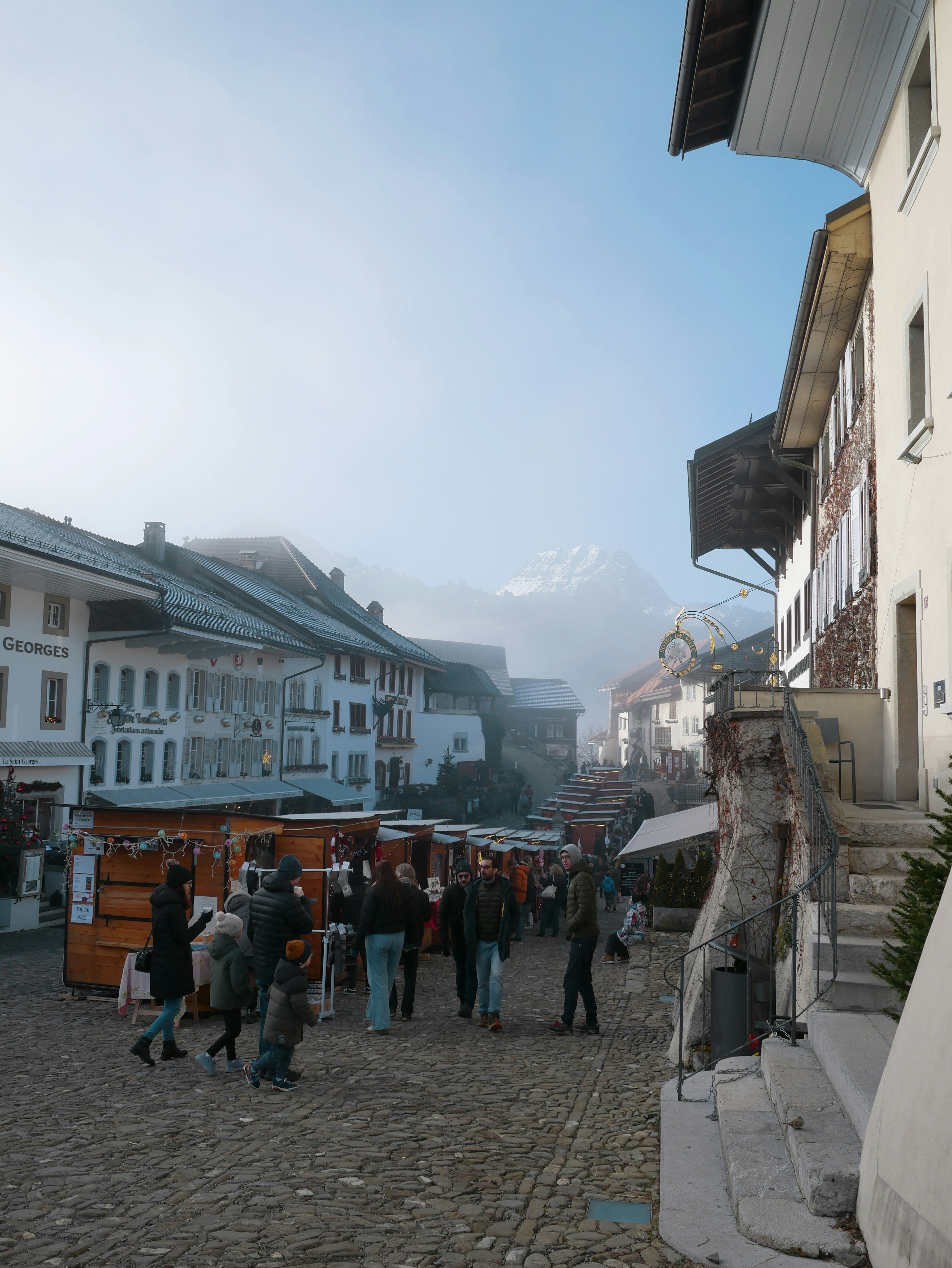 Village Square in Snowy Alpine Morning
