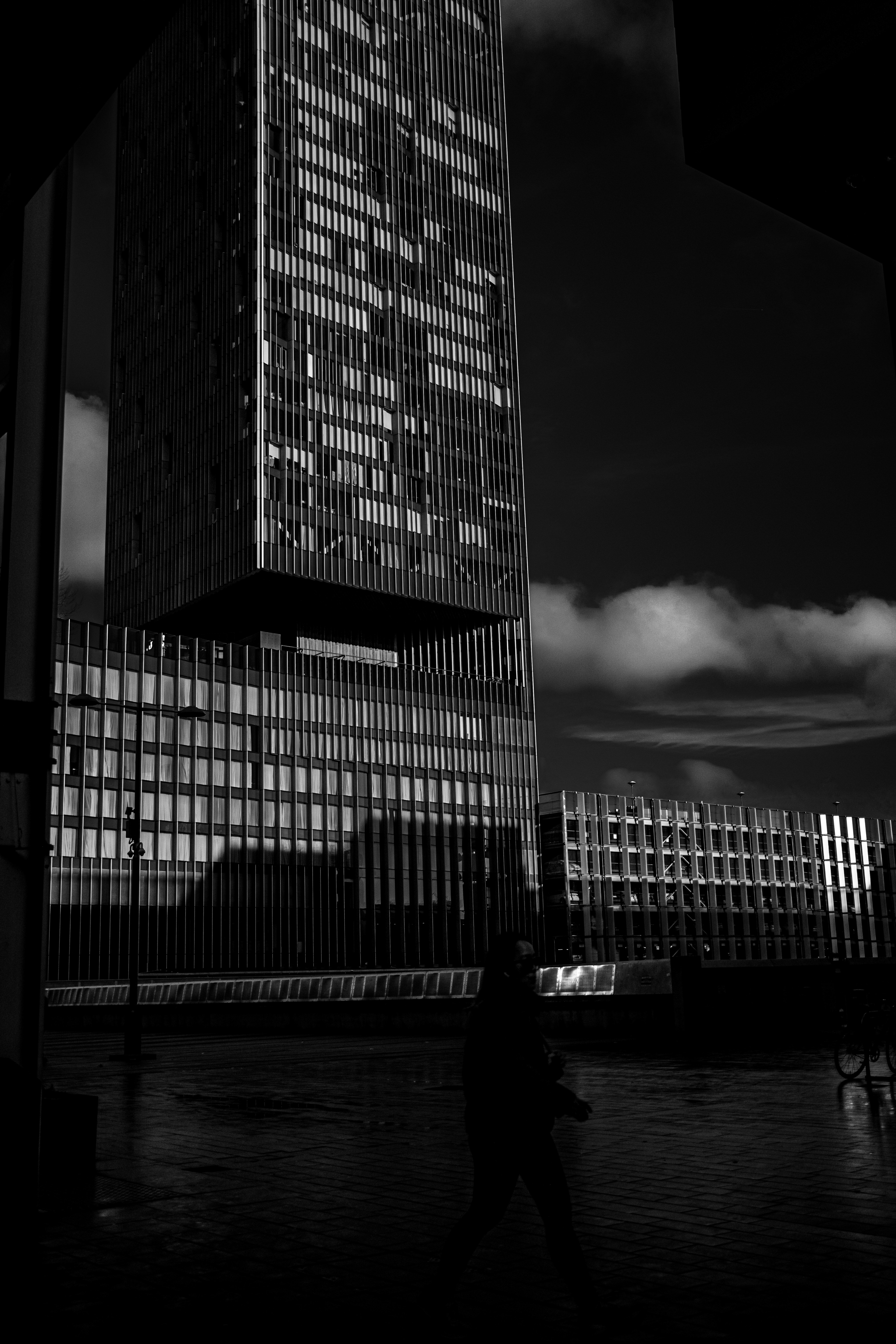 Shadowed Strides Before a Glasscan City