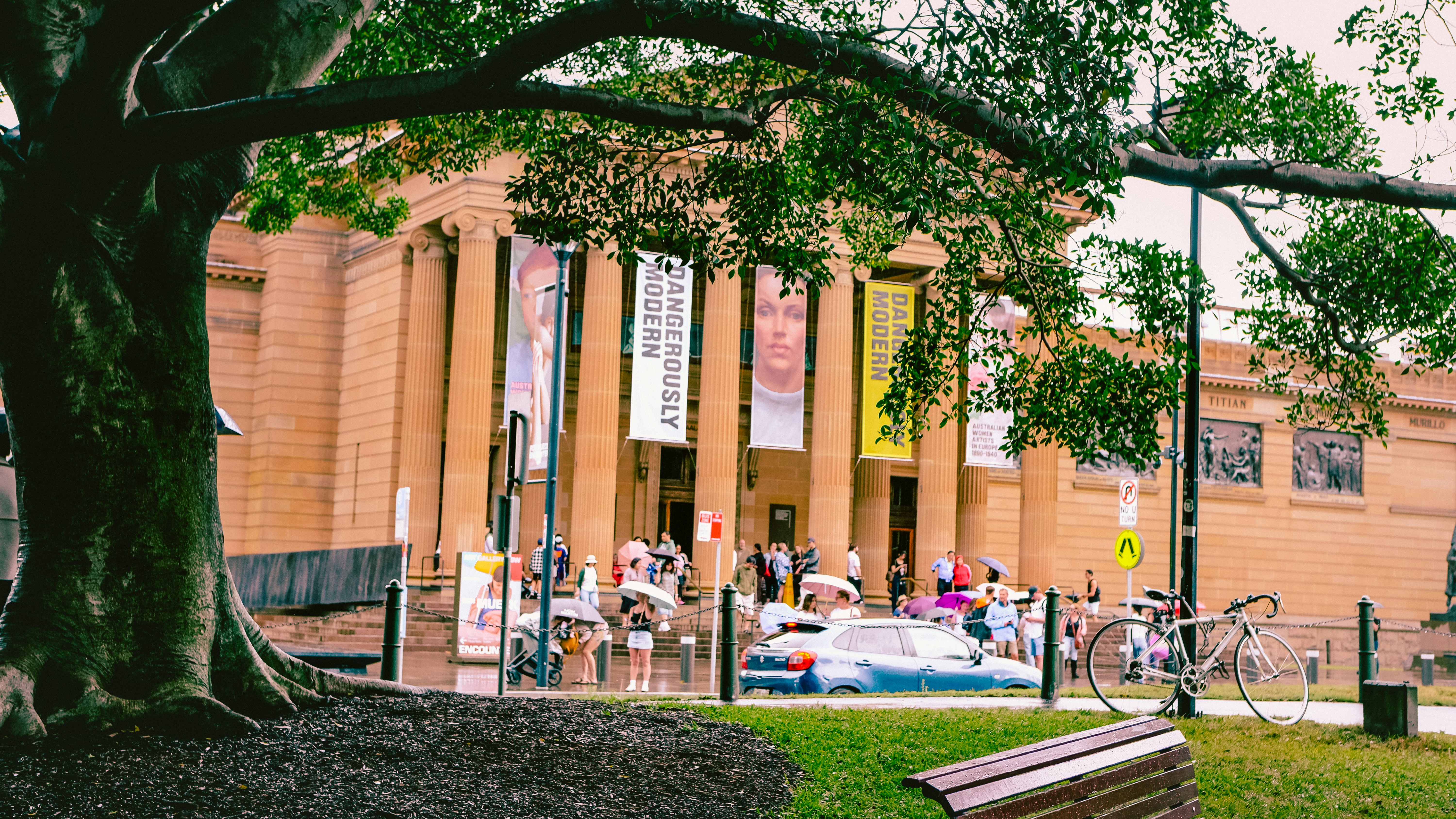 Street Bannered Facade: A Campus Quad Moment