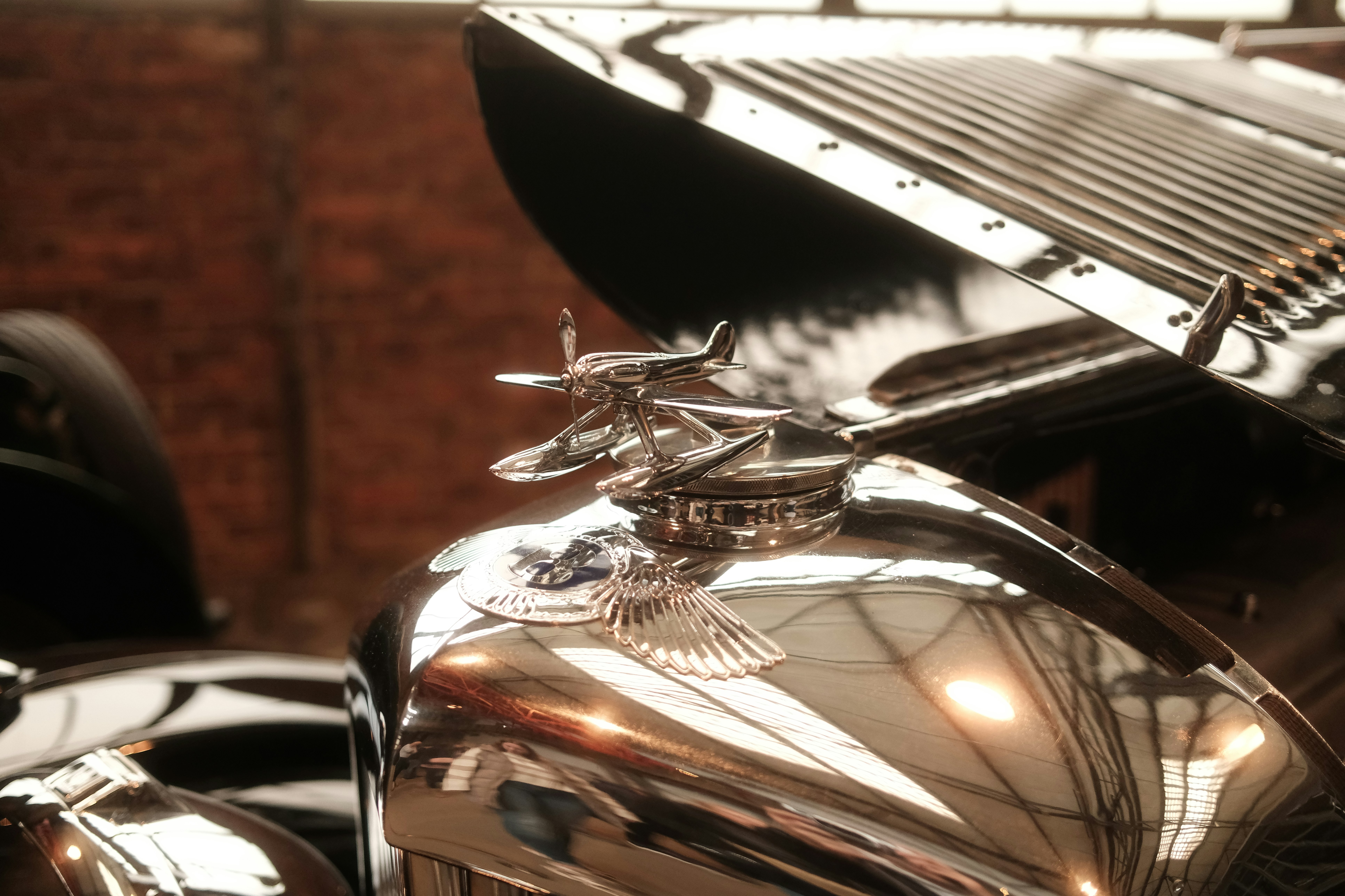 Gleaming Hood Ornament Adrift in Night-Warmed Chrome