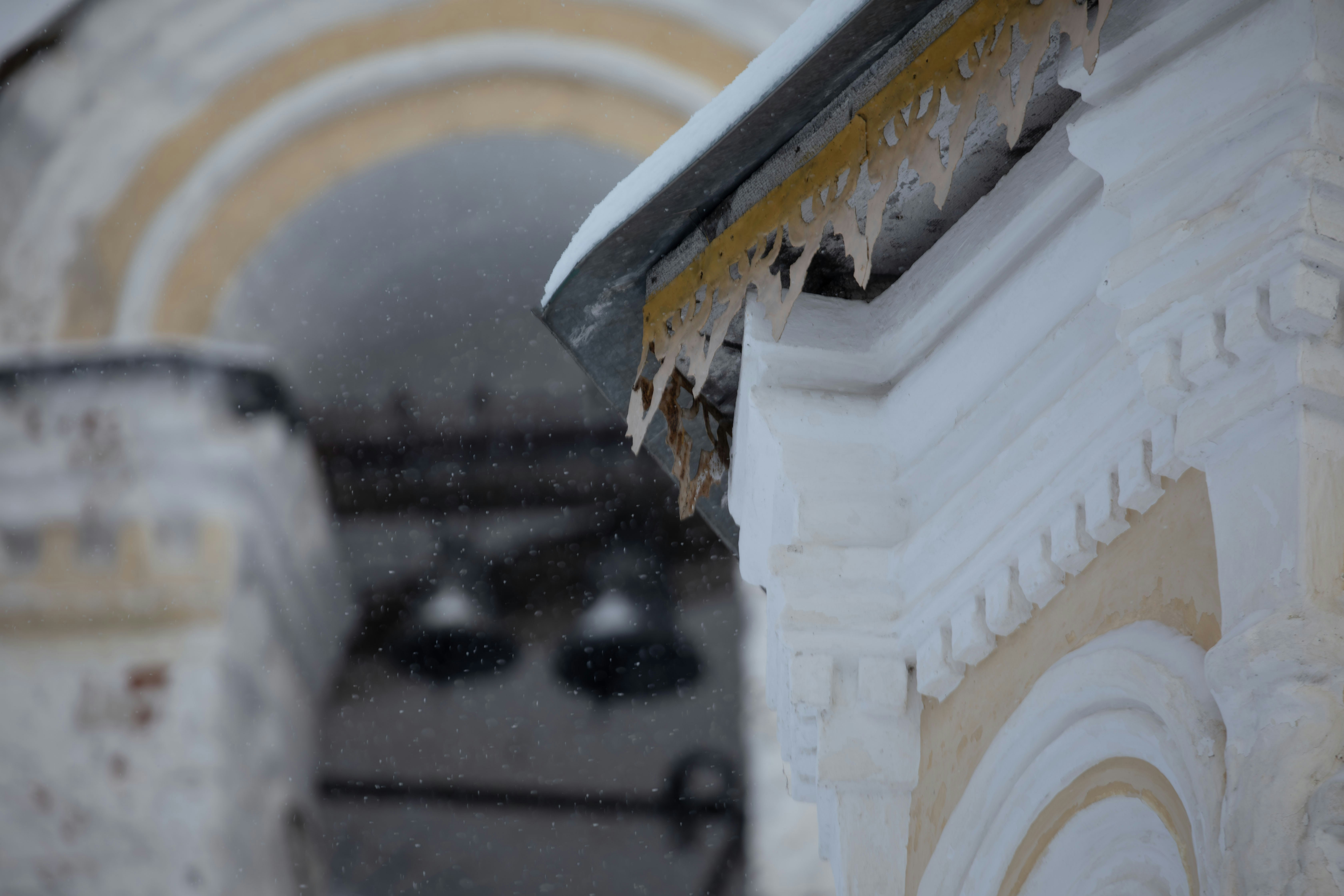 Carved White Carvings Against Snow-Capped Roofline