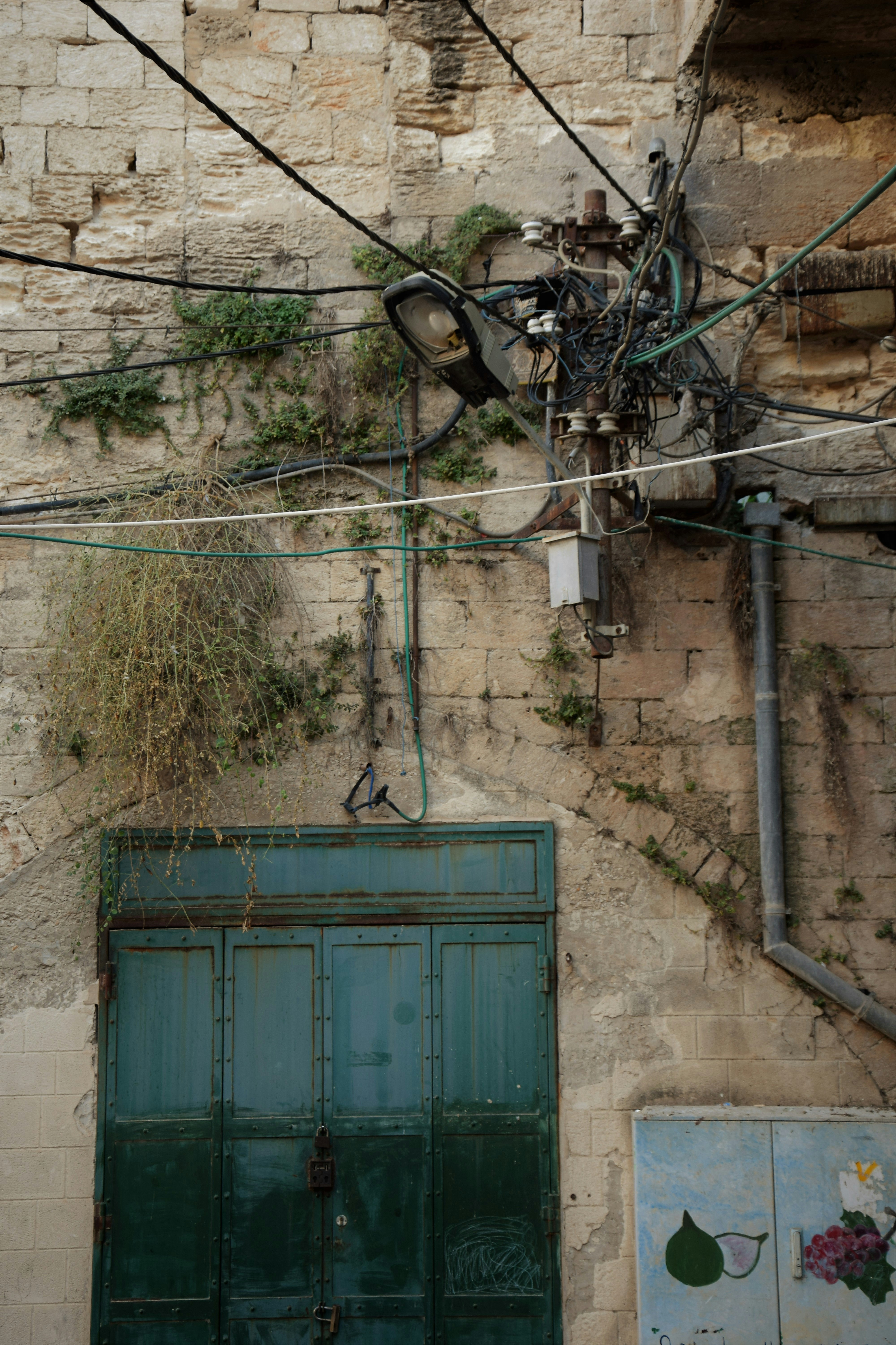 Wired Convergence: A Crumbling Facade Beneath a Tangle of Cables
