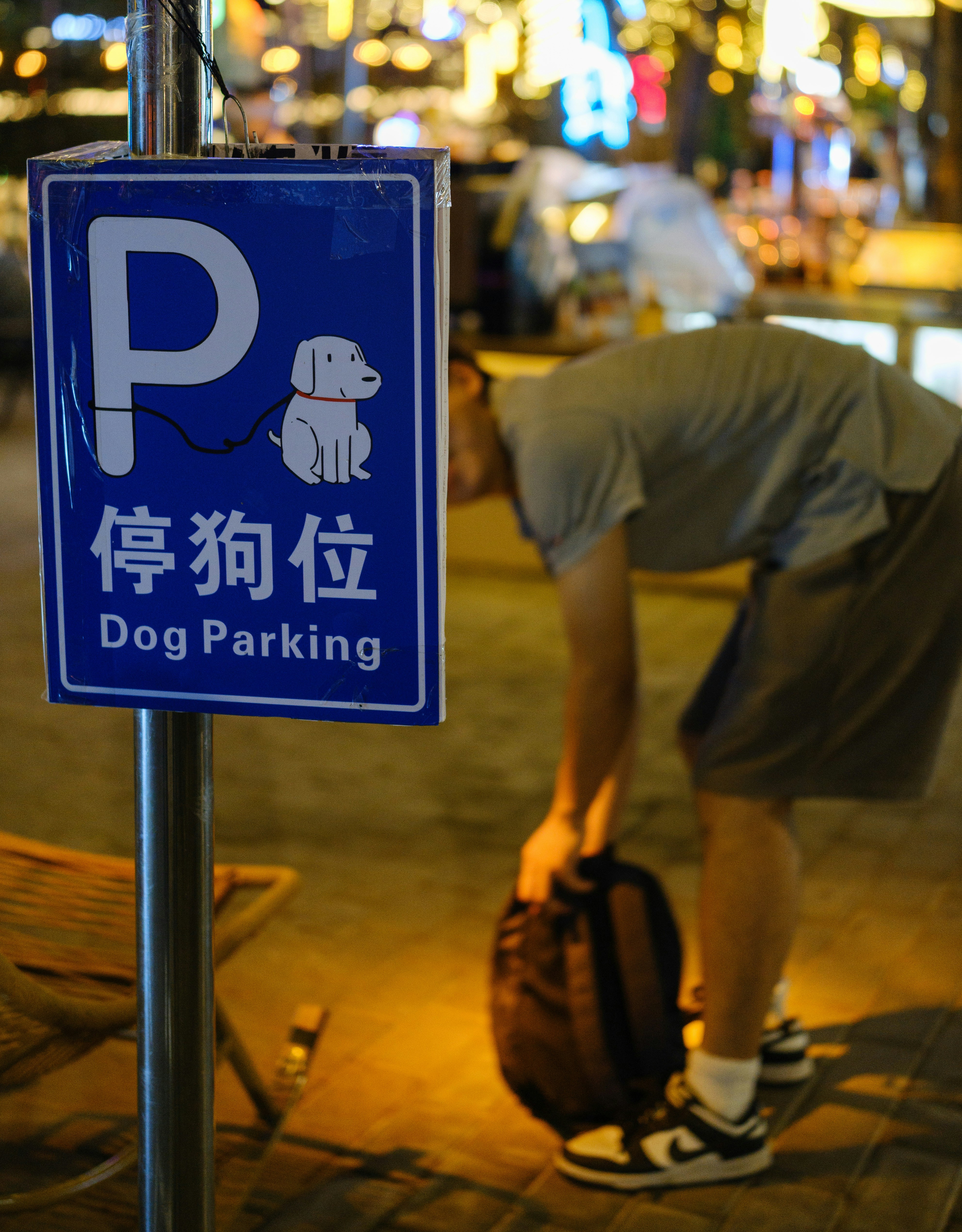 Blue Dog Parking Sign with a Worker Bending Down at Night