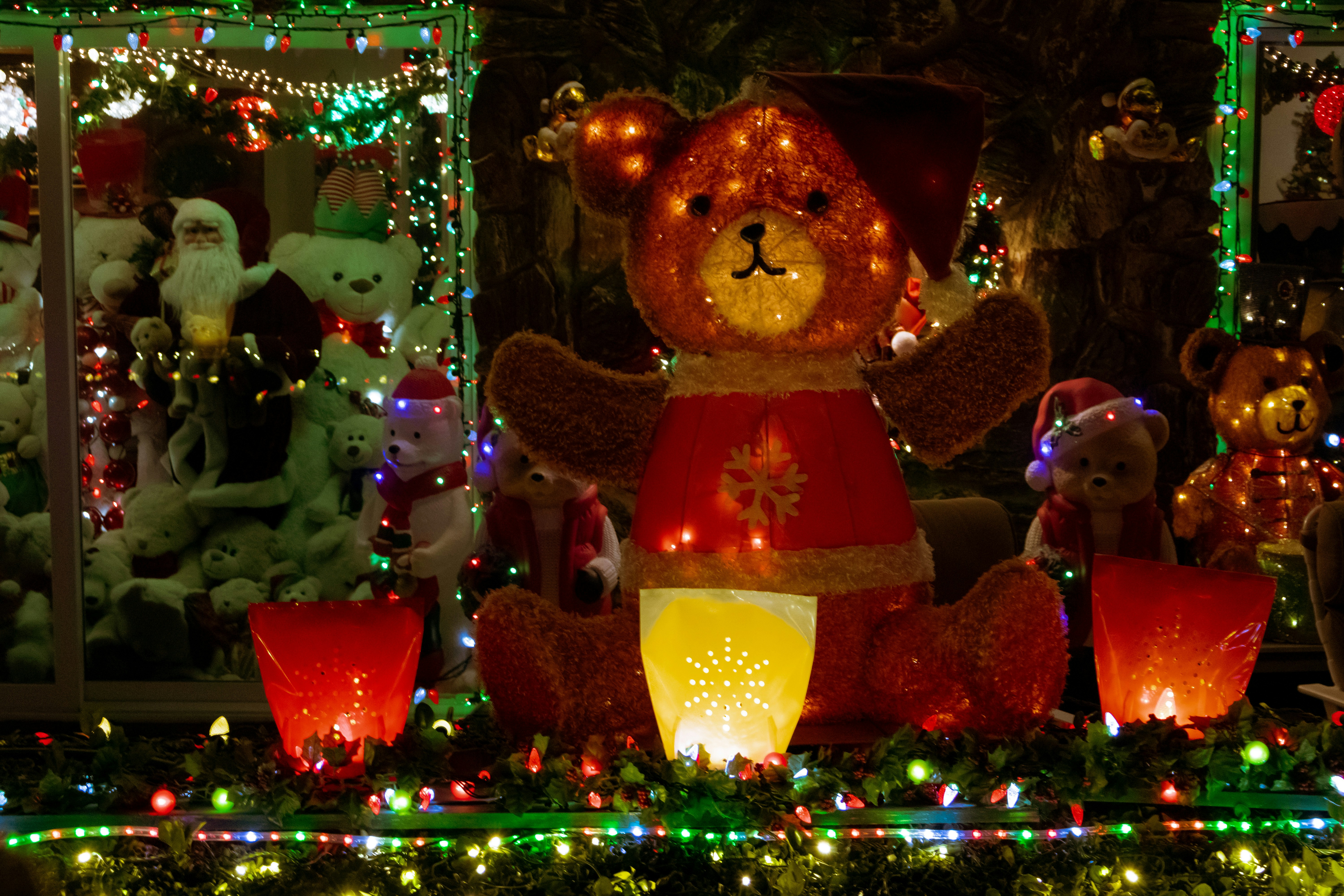 Glowing Teddy Float in a Festive Night Garden