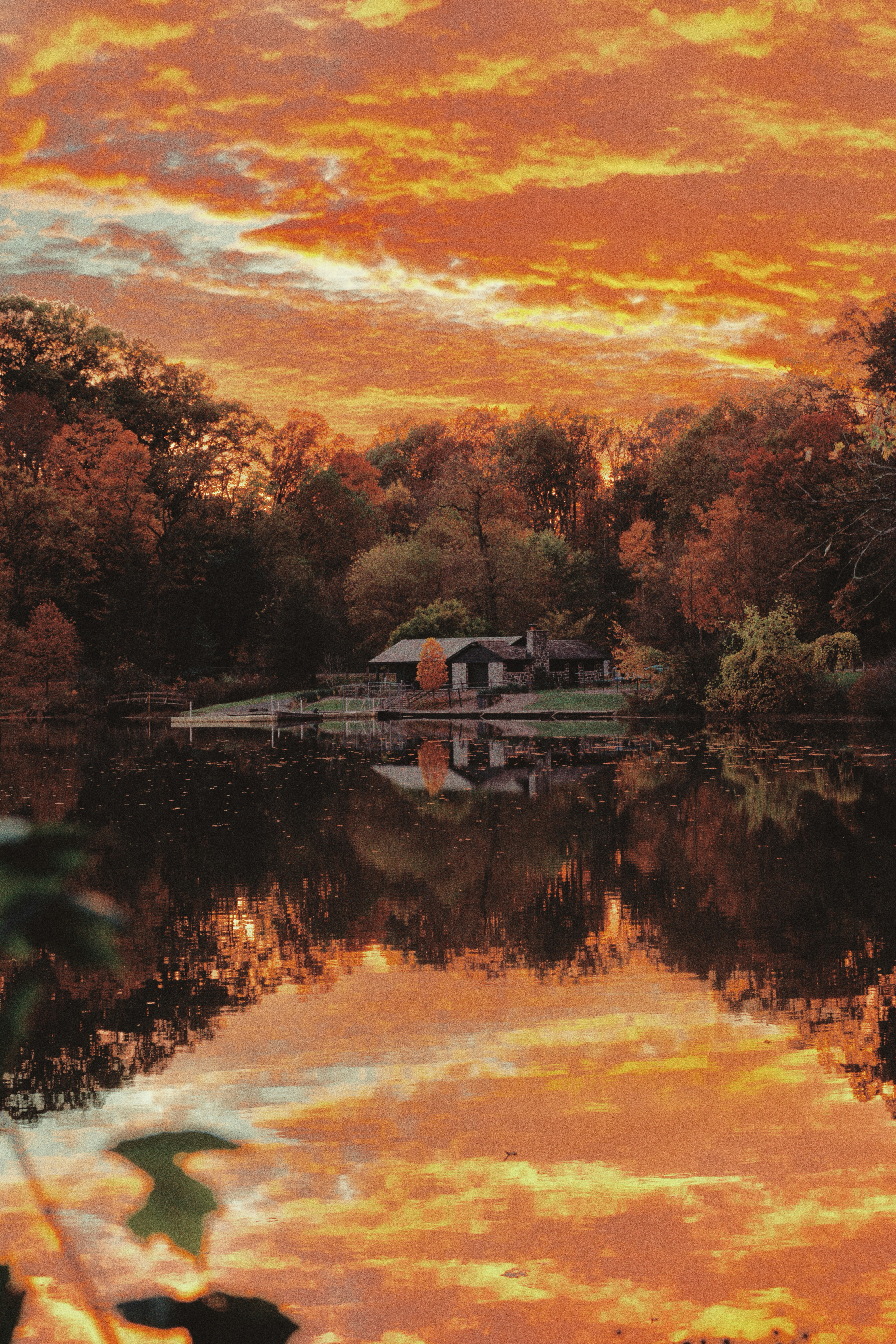 Autumn Lake House at Sunset
